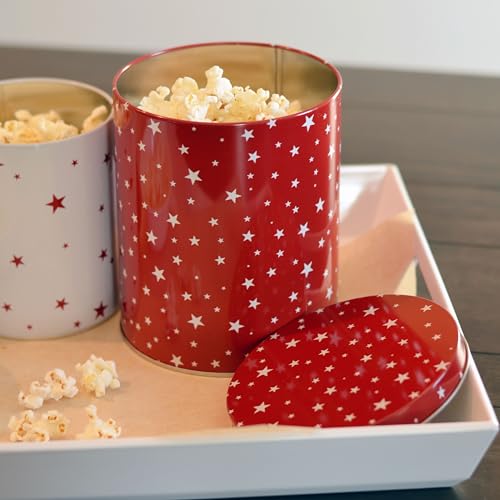 WHW Whole House Worlds 2 Piece Red and White Cookie Tin Set With Detachable Lids, Merry Star Pattern, Cylinders, 5 and 6.25 Inches Tall