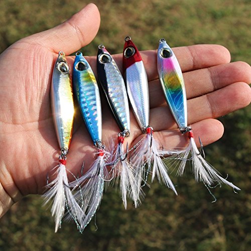 Sougayilang Jigs Fishing Lures Sinking Metal Spoons Micro Jigging Bait with Treble Hook for Saltwater Freshwater Fishing-A-2.56in/1.16oz-5PCS with Box