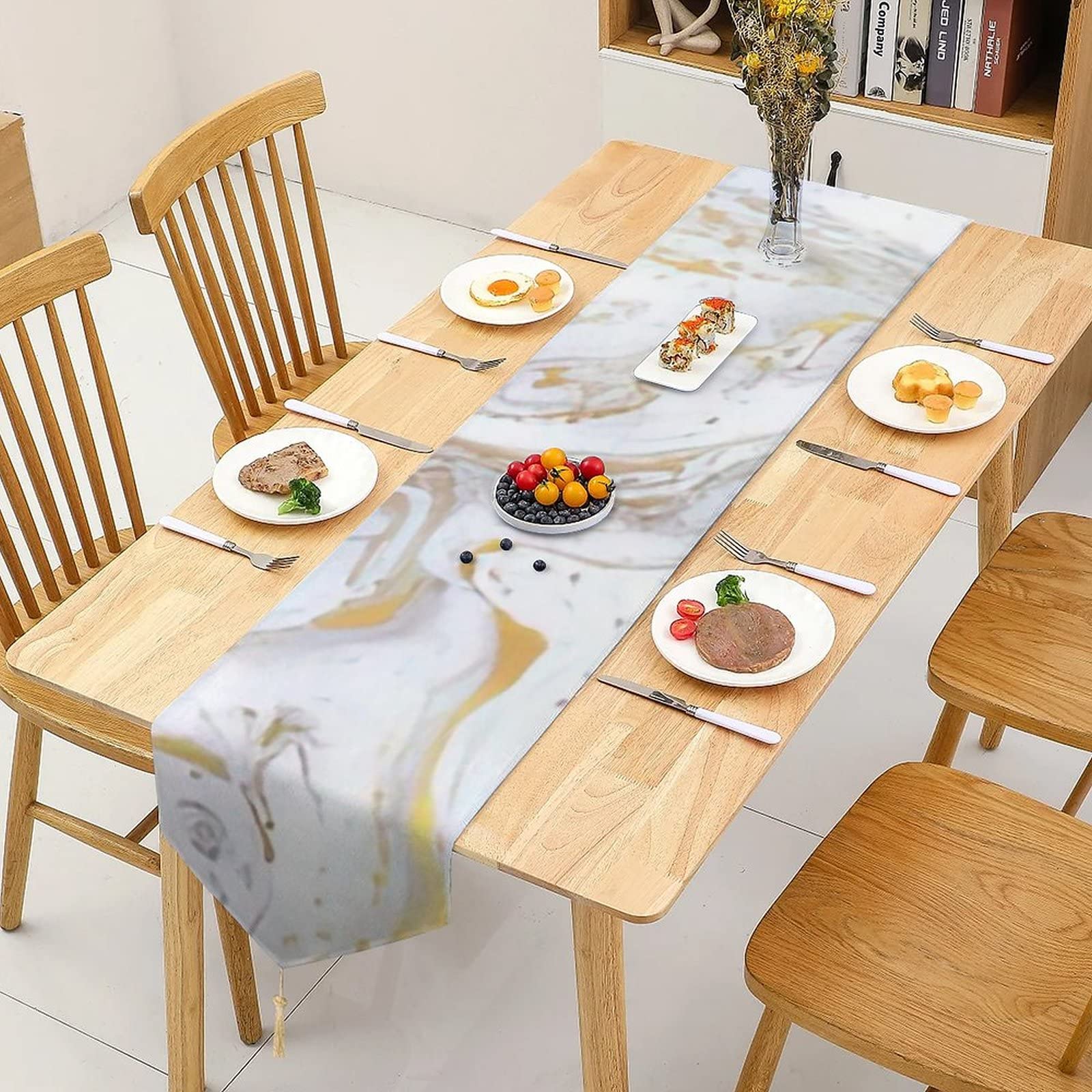 White Gold Flowing Marble Table Runner Spring Summer Table Runners Dresser Scarf for Home Party Holiday Kitchen Dining Table Decor 70x13 INCH