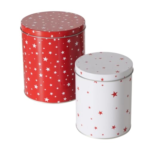 WHW Whole House Worlds 2 Piece Red and White Cookie Tin Set With Detachable Lids, Merry Star Pattern, Cylinders, 5 and 6.25 Inches Tall