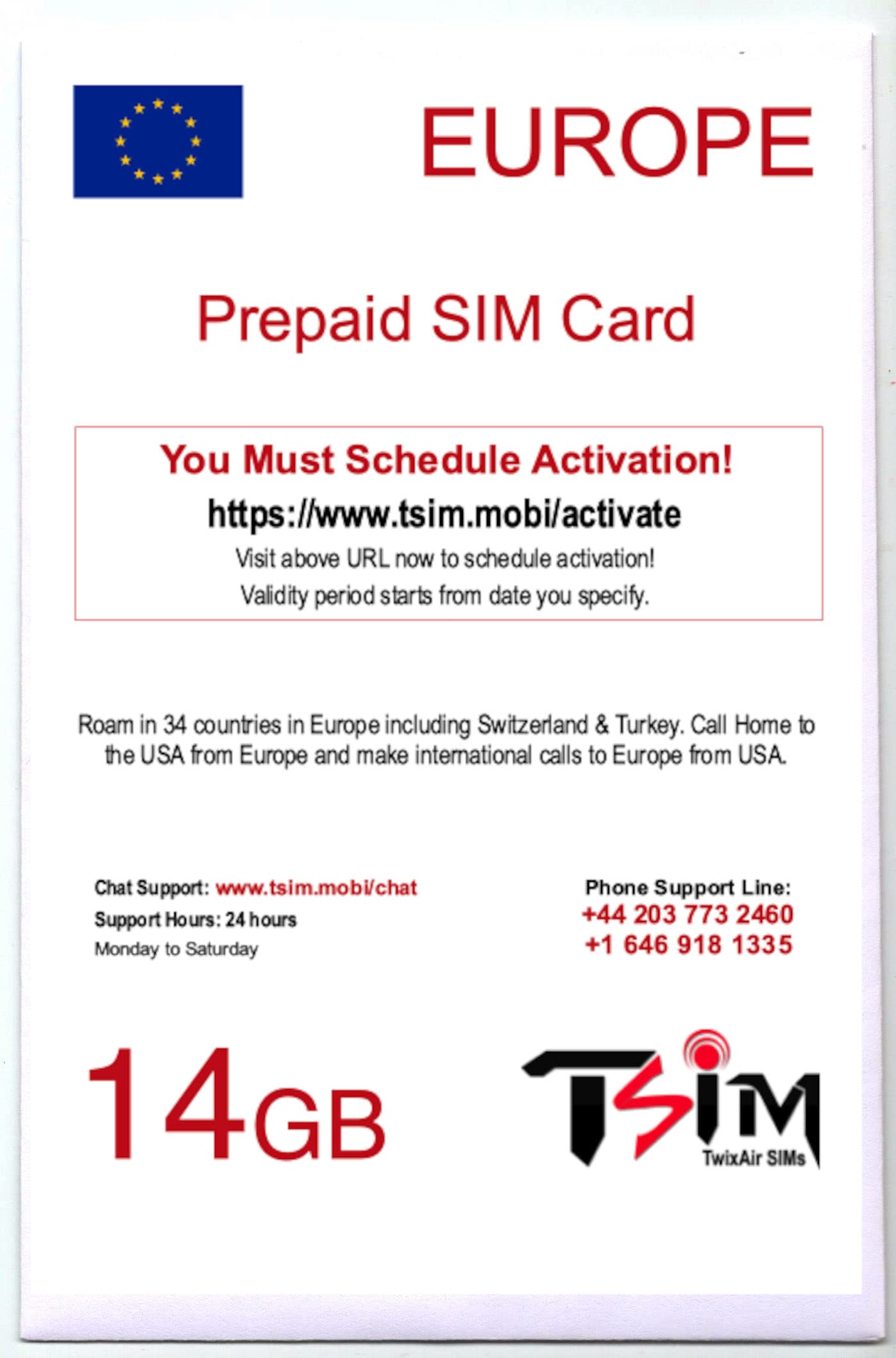 Europe SIM Card 28 Days Holiday with CallHome & Hotspot Tethering. 5G Enabled. Roam in 34 Countries incl Switzerland, Turkey. Works in USA Too. (14GB)
