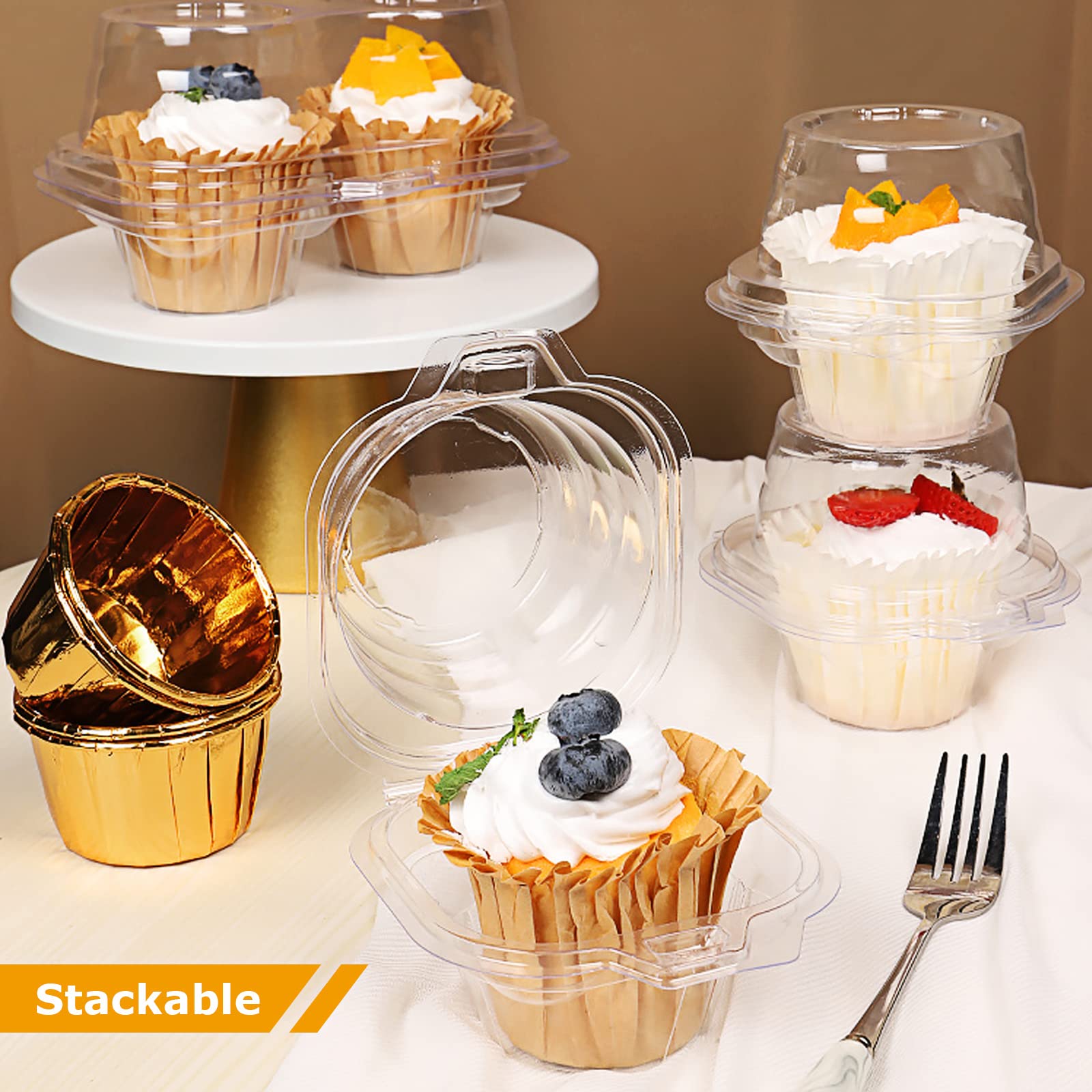 FVIEXE 100 Pack Individual Cupcake Containers, Single Plastic Cupcake Storage Boxes, Disposable Clear Cupcake Holder with Lid To Go Muffin Transport Carrier with 100 Pack Cupcake Liners for Party