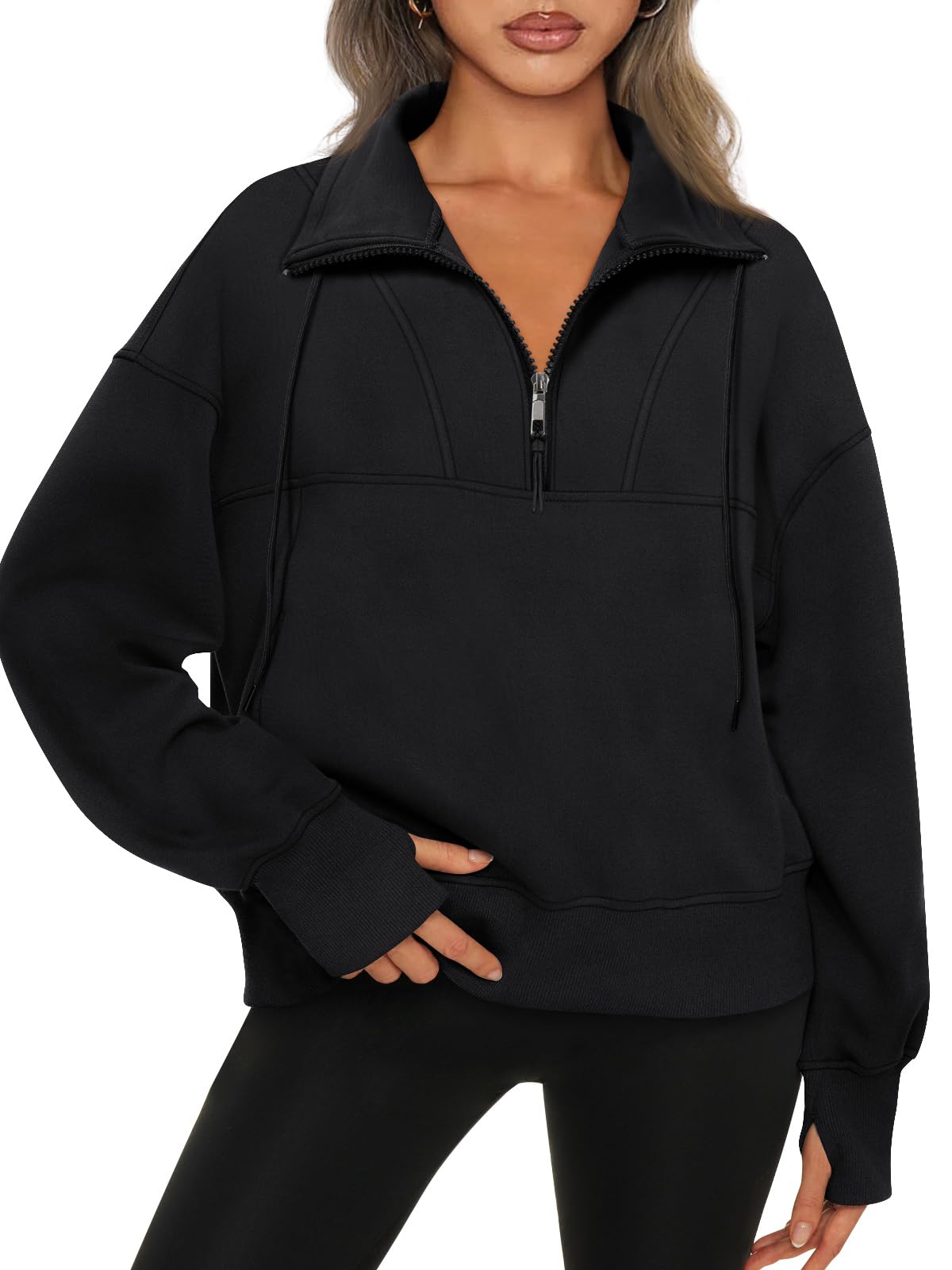 AUTOMET Womens Quarter Zip Half Zip Pullover Oversized Sweatshirts Hoodies Long Sleeve Crewneck Shirts Fleece Fall Clothes 2023 Teen Girls Winter Fashion Clothes Black