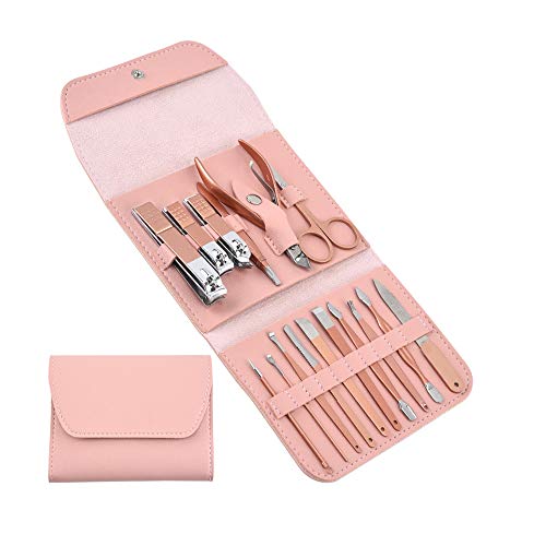 Sidantu 16 in 1 Nail Kit Pink Nail Clipper Set Stainless Steel Manicure Set Professional Makeup Kit for Women, with Soft and Premium Quality Leather Case Upgraded Version
