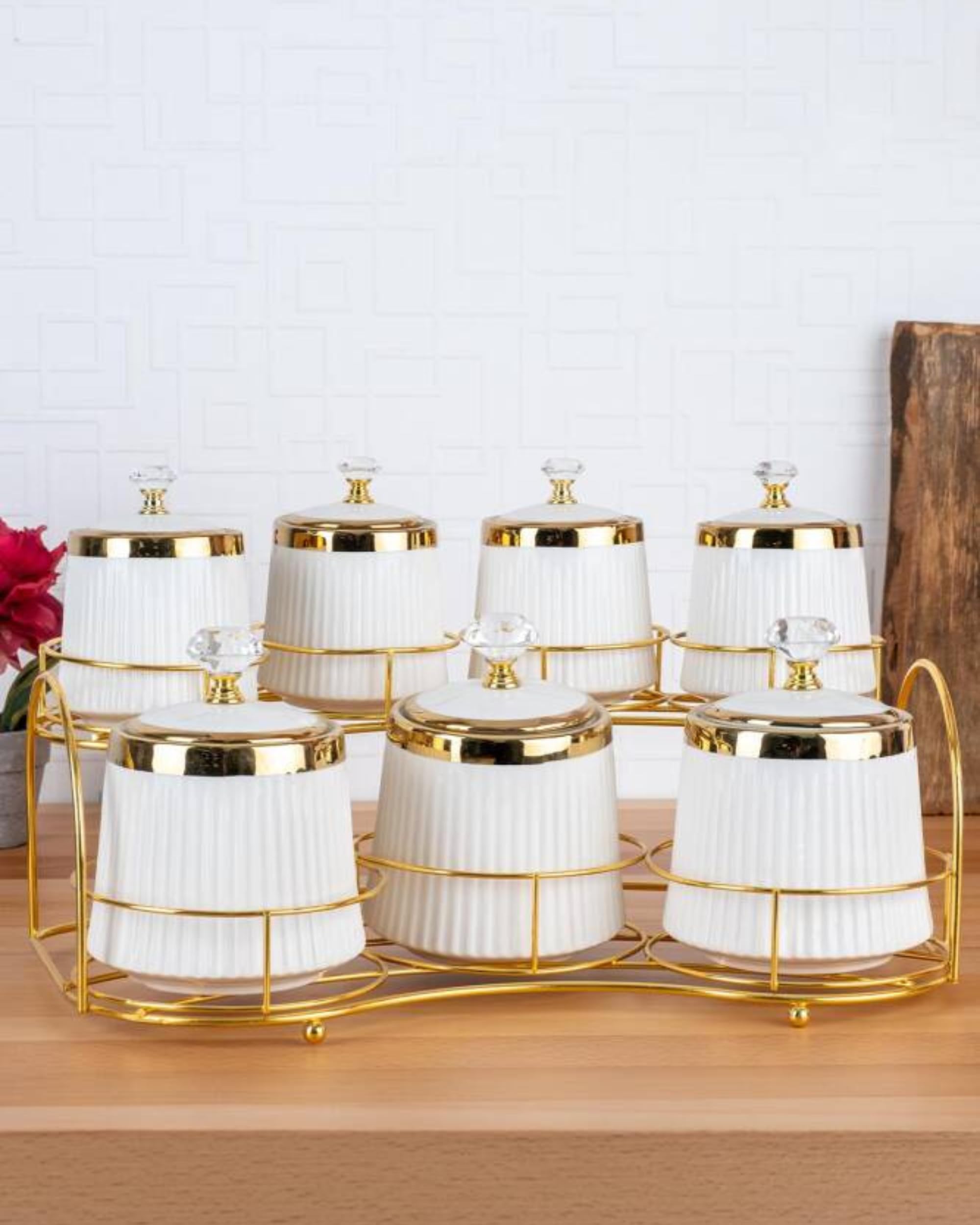 Acar White Gold7 Pcs Spice Bowls Porcelain Condiment Pots, Porcelain Spice Jar, Porcelain Seasoning Jar with Metal Stand