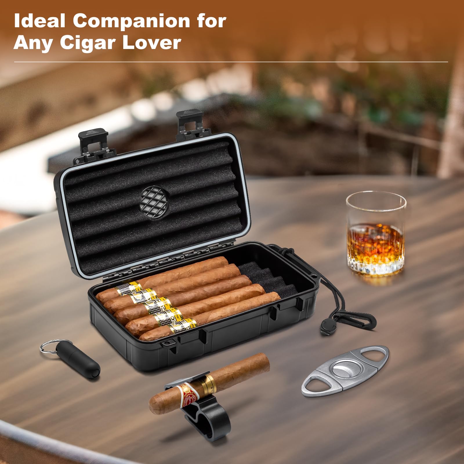 Flauno Travel Cigar Humidor Case - Portable Cigar Box kit with Humidifier Disc, Cigar Cutter, Cigar Punch, Cigar Holder & Dropper, Waterproof, Crushproof, Airtight (Holds up to 10 Cigars)