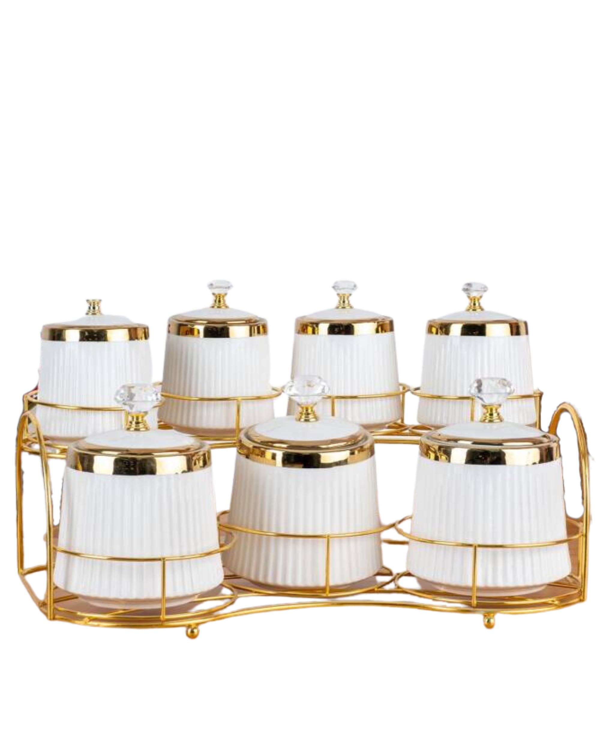 Acar White Gold7 Pcs Spice Bowls Porcelain Condiment Pots, Porcelain Spice Jar, Porcelain Seasoning Jar with Metal Stand