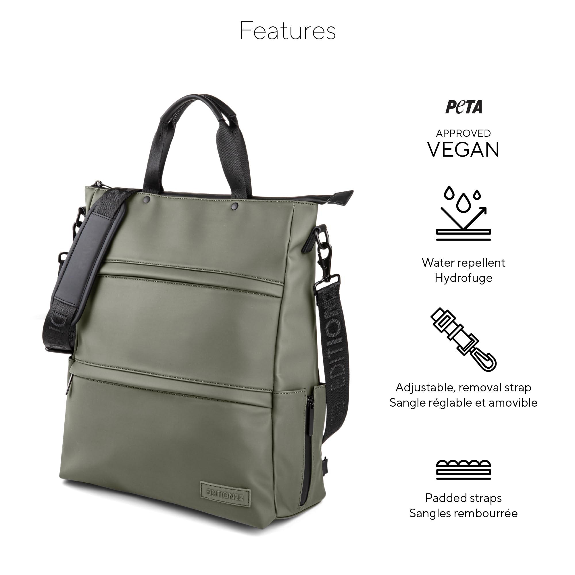 EDITION22 Core Collection 2-in-1 Convertible Tote Bag and Laptop Backpack Side Pockets, Water Repellent Vegan Leather Purse and Bookbag for Work, School, and Travel Essentials, Khaki