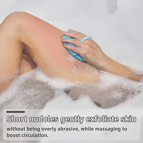 FREATECH Exfoliating Silicone Body Scrubber with Built-in Loop Handle, Dual-sided Bath Shower Body Brush for Deep Cleansing and Massage, Easy to Hold and Hang, Hygienic and Long-lasting, Light Blue