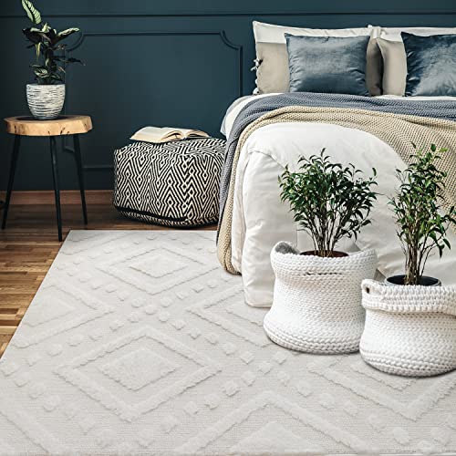 Antep Rugs Palafito 5x7 Diamond Geometric High-Low Pile Shag Textured Indoor Area Rug, White, 5'3" x 7'6"