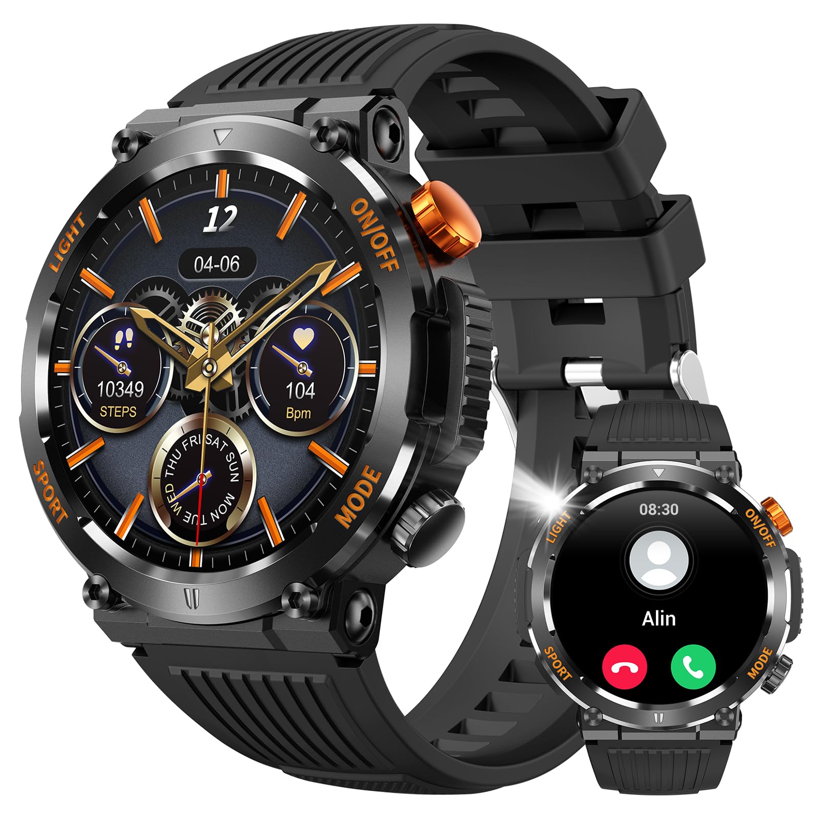 Military Smart Watch for Men Answer/Make Call, Outdoor Waterproof Tactical Sports Smartwatch with LED Flashlight Compass, Heart Rate Sleep Monitor Fitness Tracker Watches for iPhone Android Phone