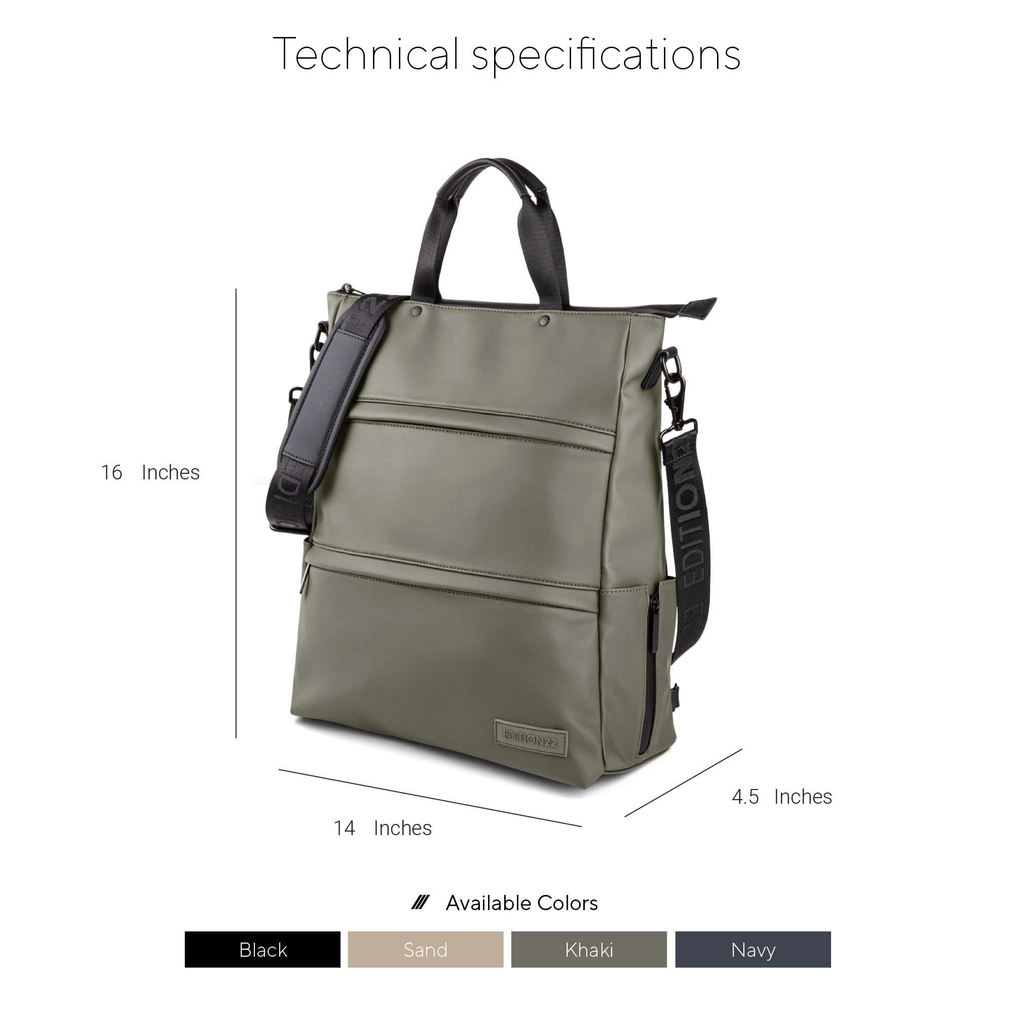 EDITION22 Core Collection 2-in-1 Convertible Tote Bag and Laptop Backpack Side Pockets, Water Repellent Vegan Leather Purse and Bookbag for Work, School, and Travel Essentials, Khaki