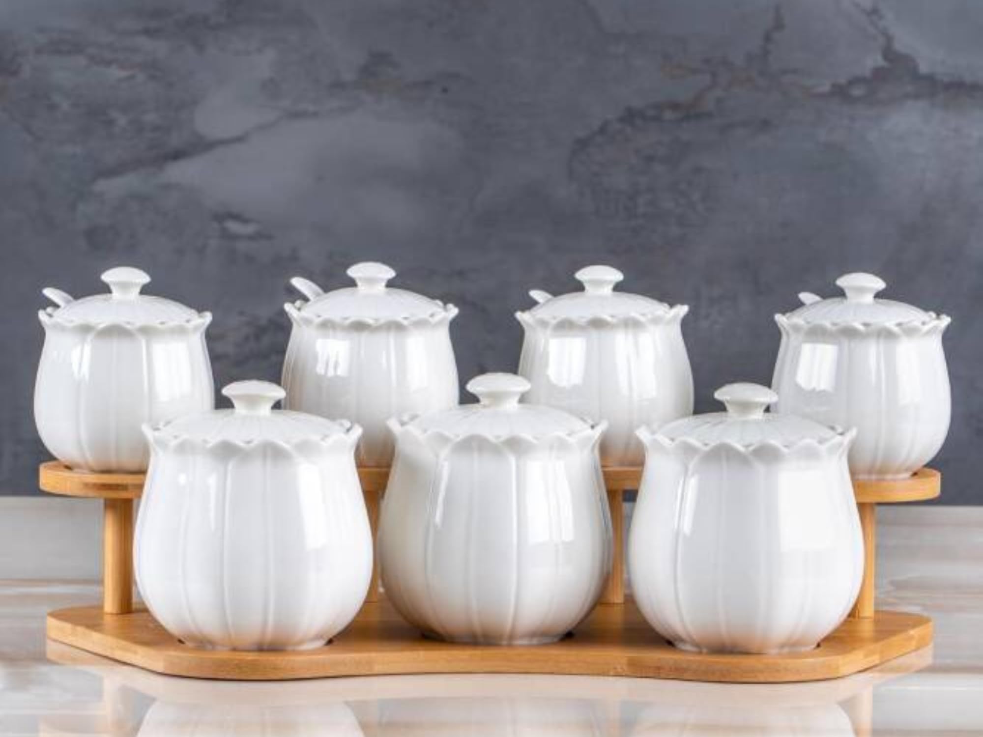 Acar 8 Pcs Spice Bowls Porcelain Condiment Pots, Porcelain Spice Jar, Porcelain Seasoning Jar with Porcelain Lid and BambooTray