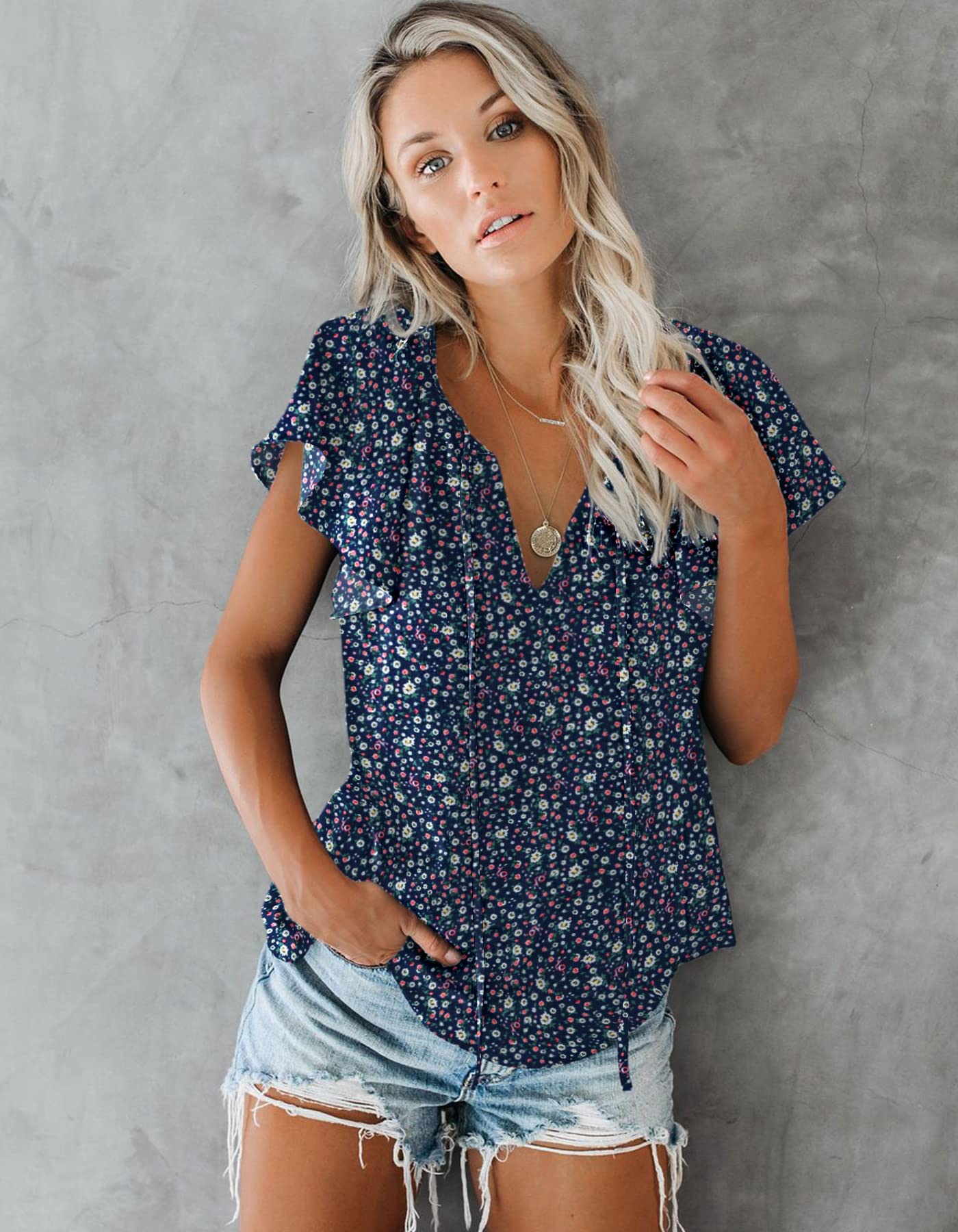 Womens Short Sleeve Tops and Blouses Floral V Neck Shirt Elegant Summer Clothes (Navy Blue,S)