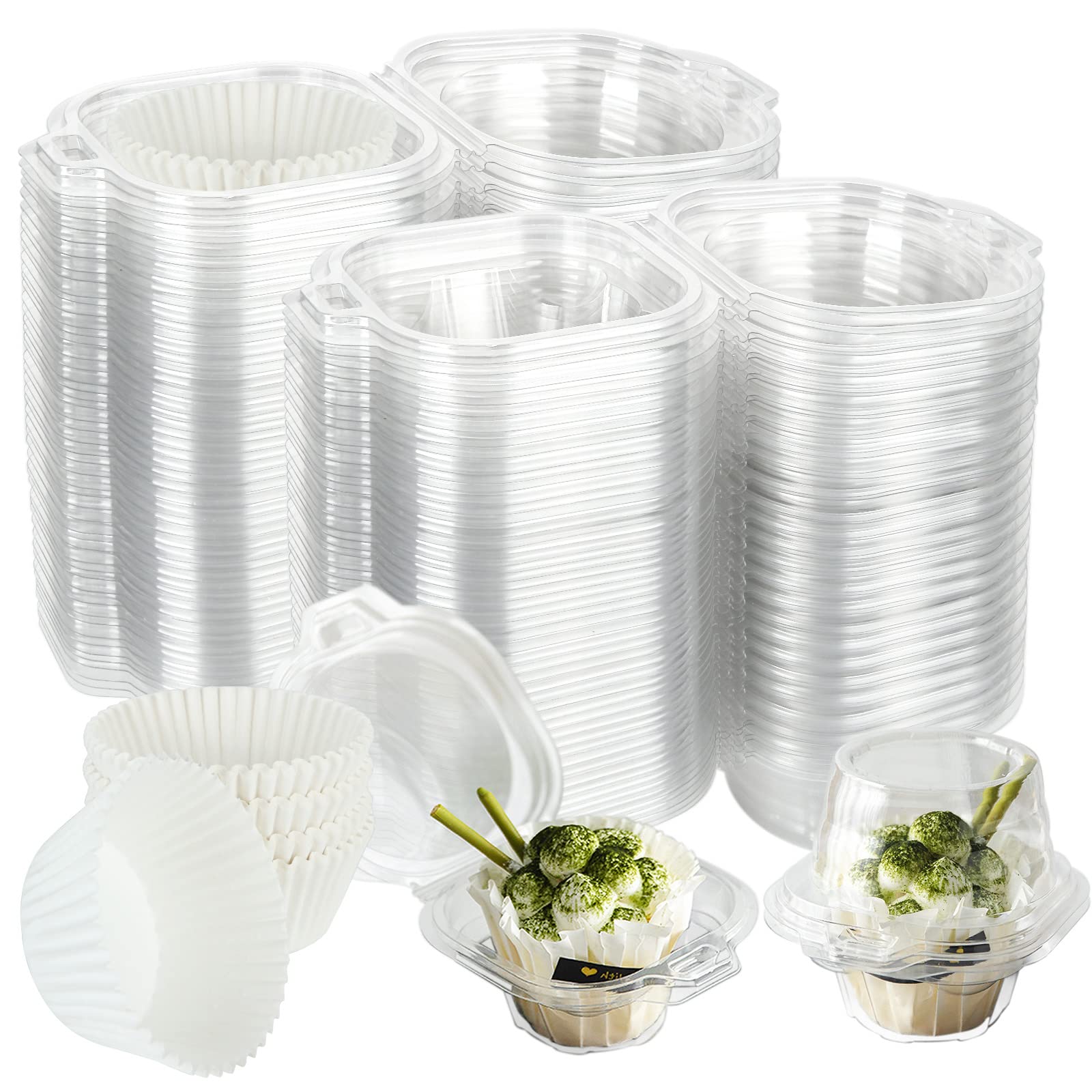 FVIEXE 100 Pack Individual Cupcake Containers, Single Plastic Cupcake Storage Boxes, Disposable Clear Cupcake Holder with Lid To Go Muffin Transport Carrier with 100 Pack Cupcake Liners for Party