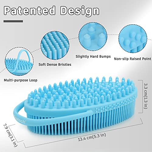 FREATECH Exfoliating Silicone Body Scrubber with Built-in Loop Handle, Dual-sided Bath Shower Body Brush for Deep Cleansing and Massage, Easy to Hold and Hang, Hygienic and Long-lasting, Light Blue