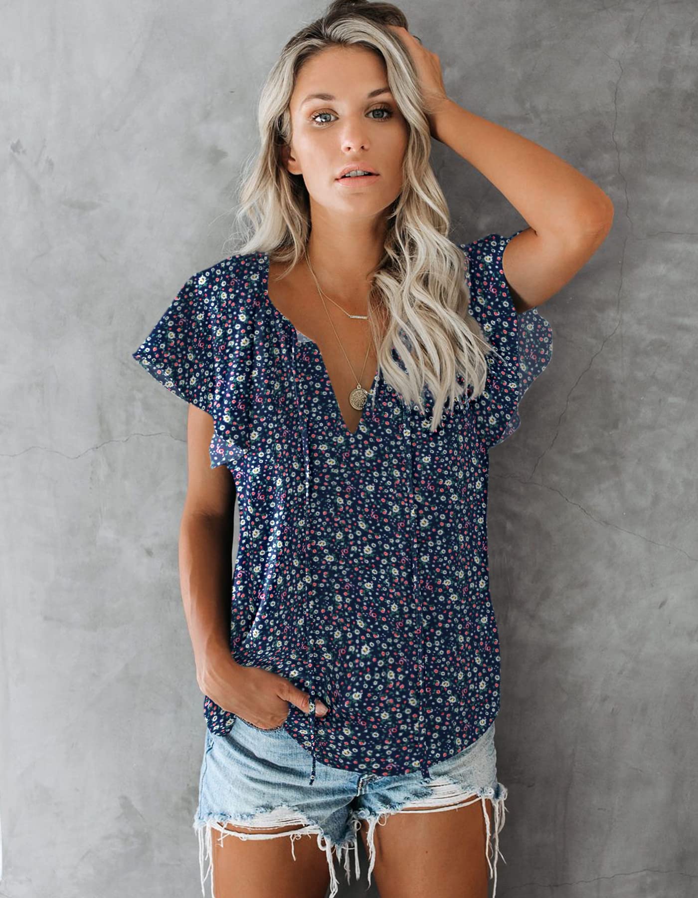 Womens Short Sleeve Tops and Blouses Floral V Neck Shirt Elegant Summer Clothes (Navy Blue,S)