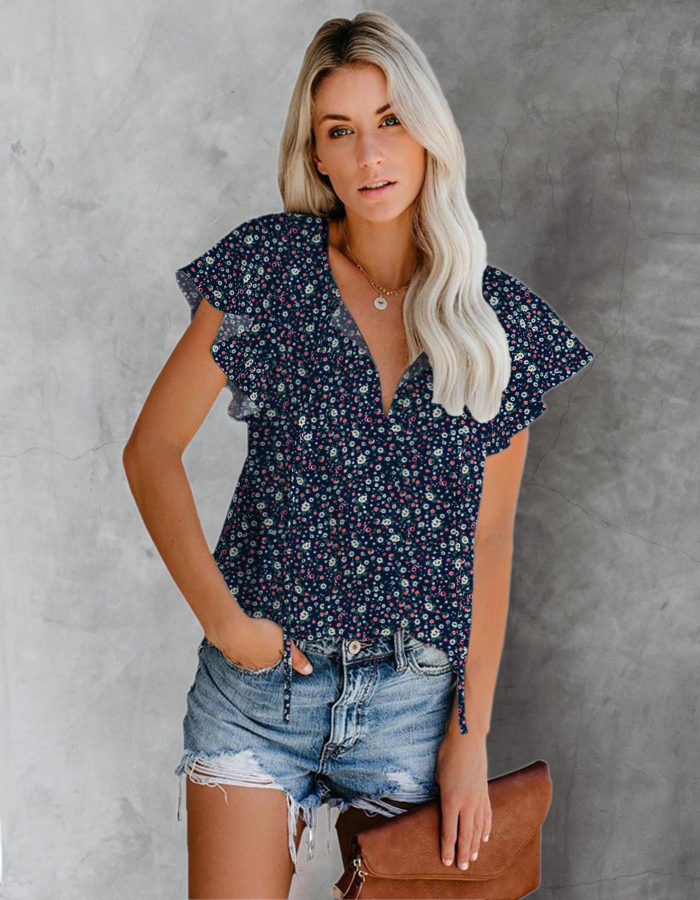Womens Short Sleeve Tops and Blouses Floral V Neck Shirt Elegant Summer Clothes (Navy Blue,S)