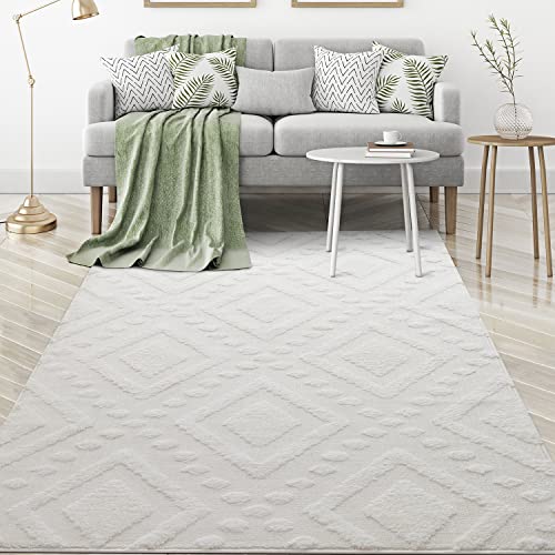 Antep Rugs Palafito 5x7 Diamond Geometric High-Low Pile Shag Textured Indoor Area Rug, White, 5'3" x 7'6"