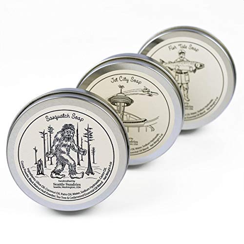 Seattle Sundries | Cascadia Handmade Bar Soap Variety Pack - Body Wash Bar Soap for Men & Women - 3 (4oz) Bars in Low Waste Tins, Outdoors Scent Selection - Pacific Northwest Gifts
