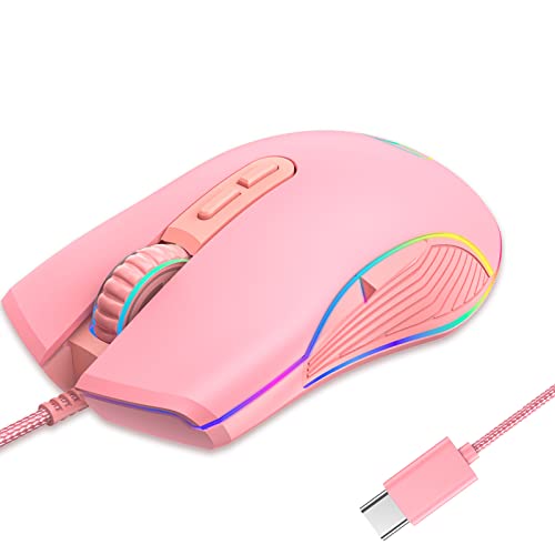 HXMJ Wired USB C Gaming Mice,7 Colors Backlit for Apple MacBook,Computer or Laptops with Type C Port-Matte Pink