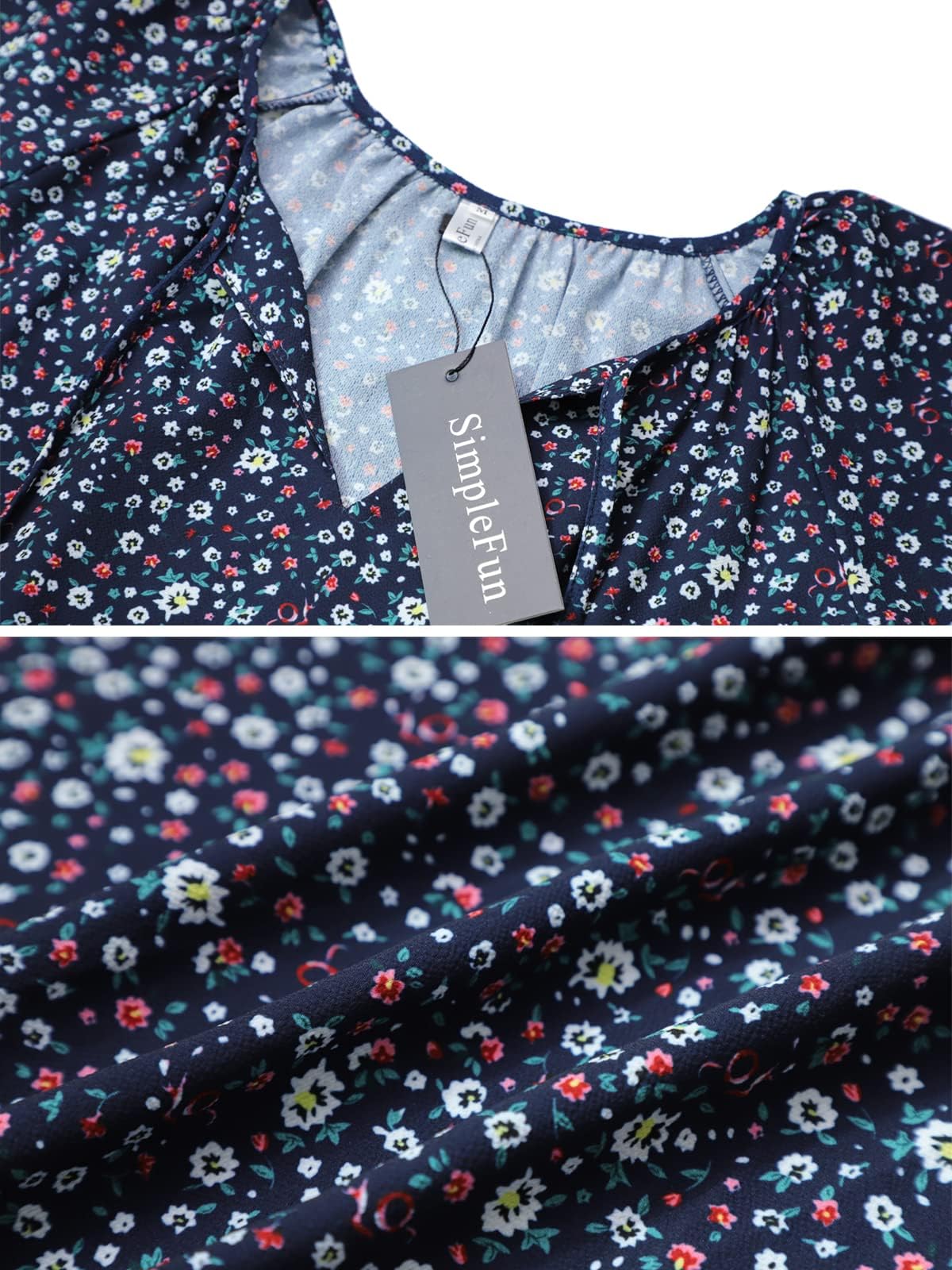 Womens Short Sleeve Tops and Blouses Floral V Neck Shirt Elegant Summer Clothes (Navy Blue,S)