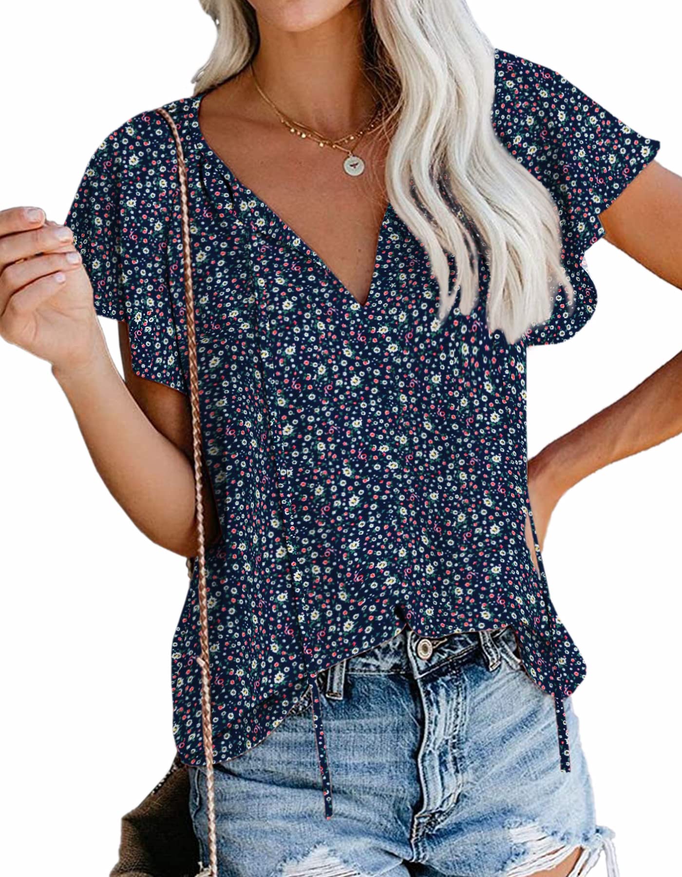 Womens Short Sleeve Tops and Blouses Floral V Neck Shirt Elegant Summer Clothes (Navy Blue,S)