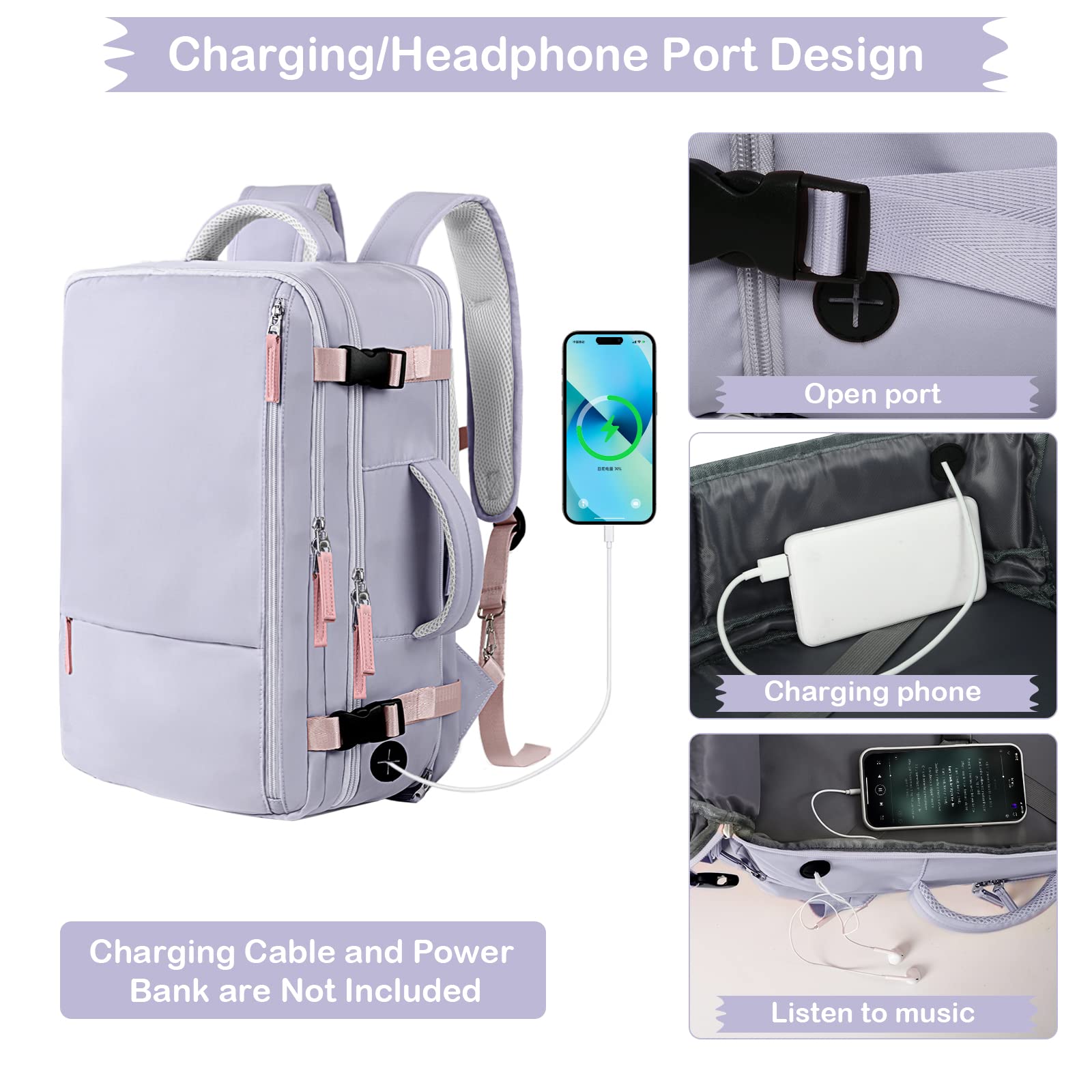 Hanples Extra Large Travel Backpack for Women as Person Item Flight Approved, Waterproof 40L Carry On Backpack, 17 Inch Laptop Backpack For Hiking Casual Bag (Gray Purple)