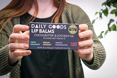 Assorted Natural Lip Balm Pack with Cocoa Butter and Coconut Oil by DAILY GOODS, Includes Pomegranate, Coconut, Cherry, and Spearmint Flavors, Enriched with Vitamin E - Pack of 8, 0.15 oz Tubes