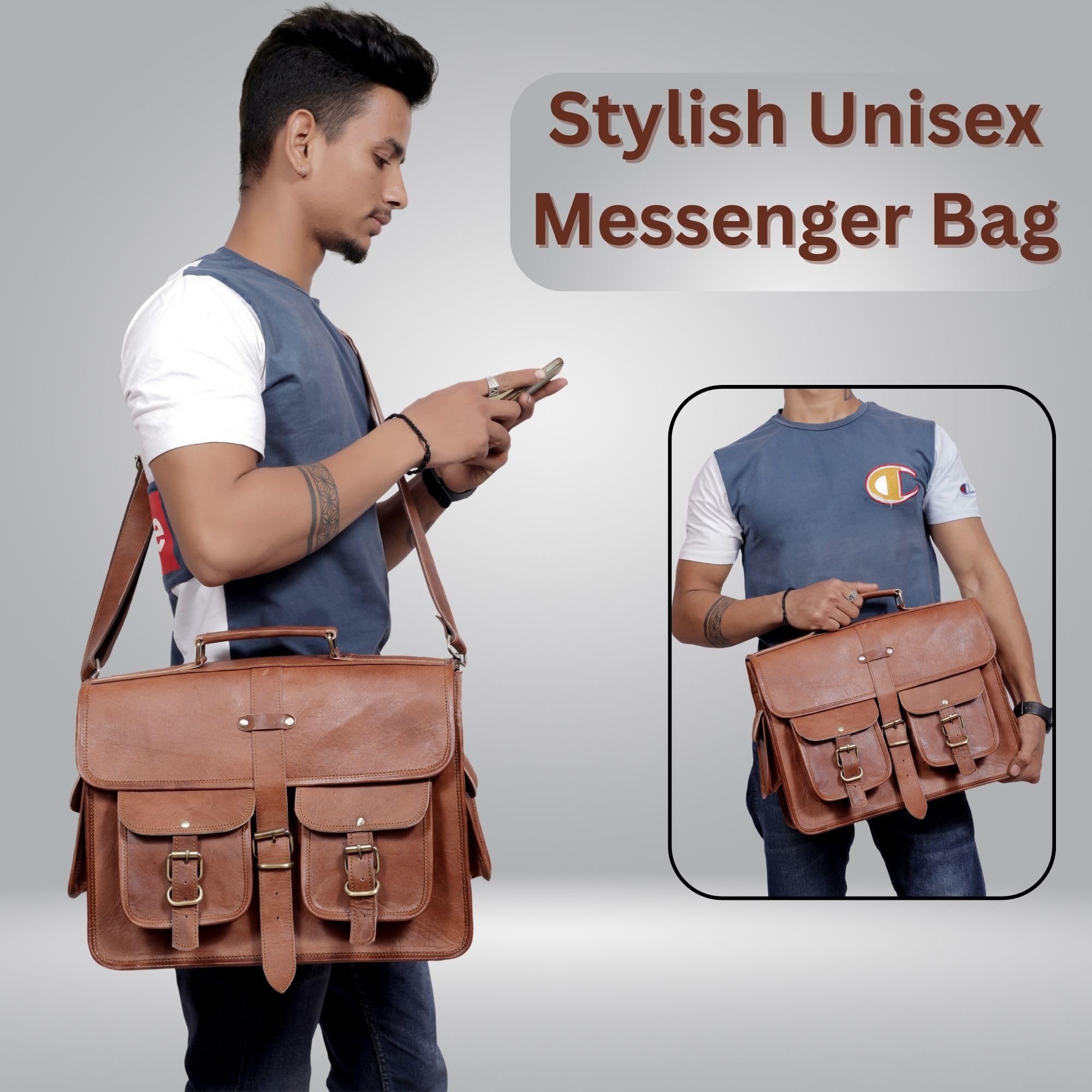 ANUENT Real Leather Messenger Bag for Men and Women Vintage Computer Laptop Briefcase Satchel Crossbody Work Bags (Brown) (18 inch)