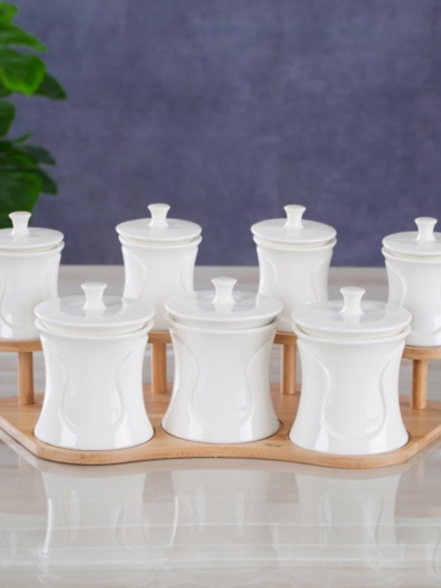 Acar 7 Pcs Spice Bowls Porcelain Condiment Pots, Porcelain Spice Jar, Porcelain Seasoning Jar with Porcelain Lid and BambooTray