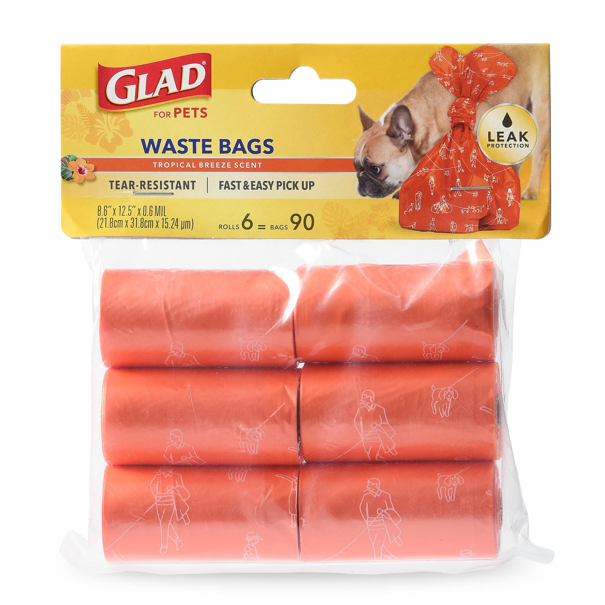 Glad for Pets Large Dog Waste Bags, Scented, Tear-Resistant, 6 Rolls | Heavy Duty Poop Bags for Fast and Easy Waste Cleanup | 6 Rolls, 90 Bags Total
