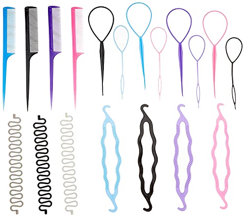 19 Pcs Hair Braiding Tool, DIY Hair Styling Tool Kit Updo Ponytail Maker Accessories Topsy Hair Braid Kit