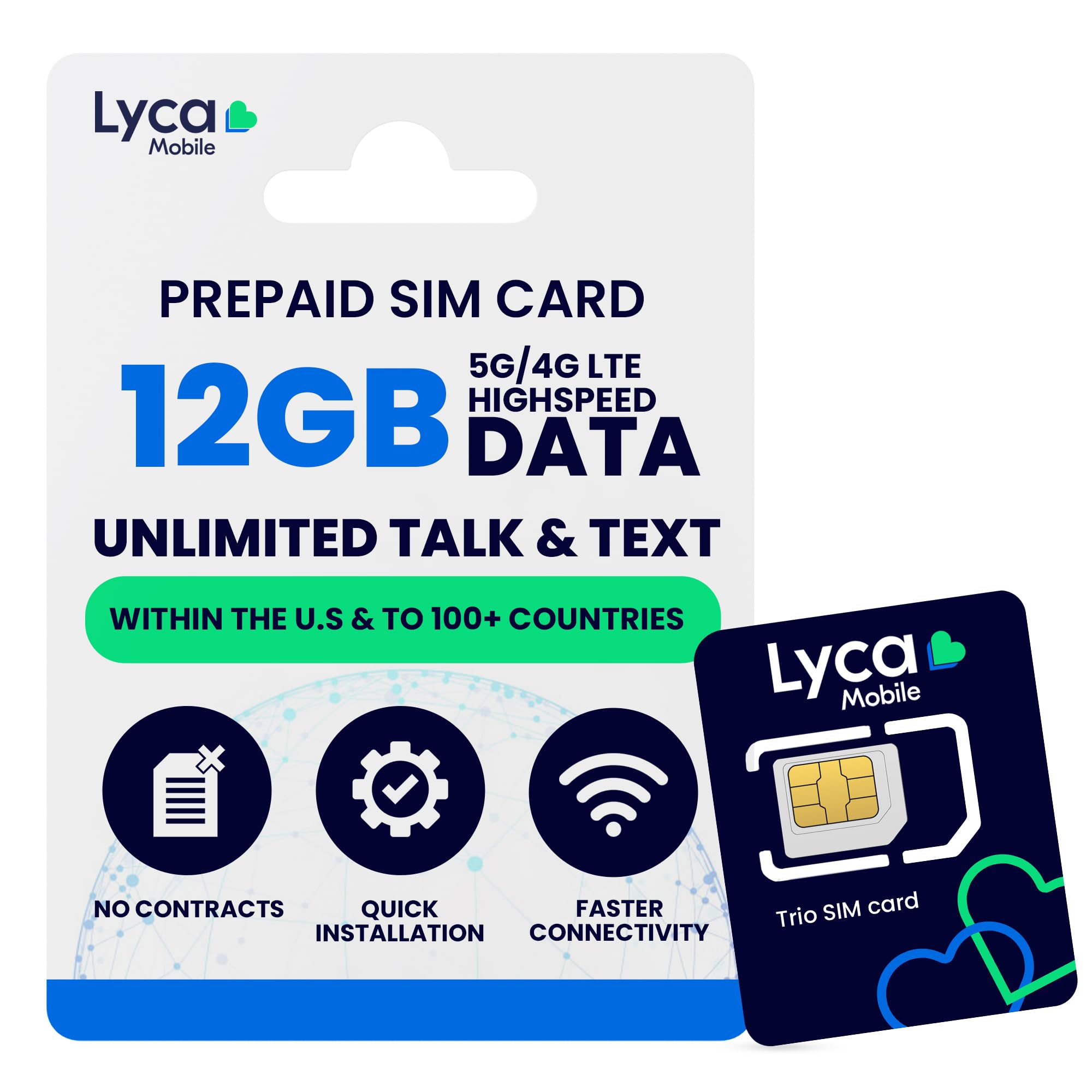 Lycamobile 30 Day Prepaid SIM Card for Cell Phones, 12GB High Speed 4G LTE/5G Data, International Talk & Text to 100+ Countries, Quick Activation, 3-in-1 Triple-Cut, Compatible w/Most Mobile Phones