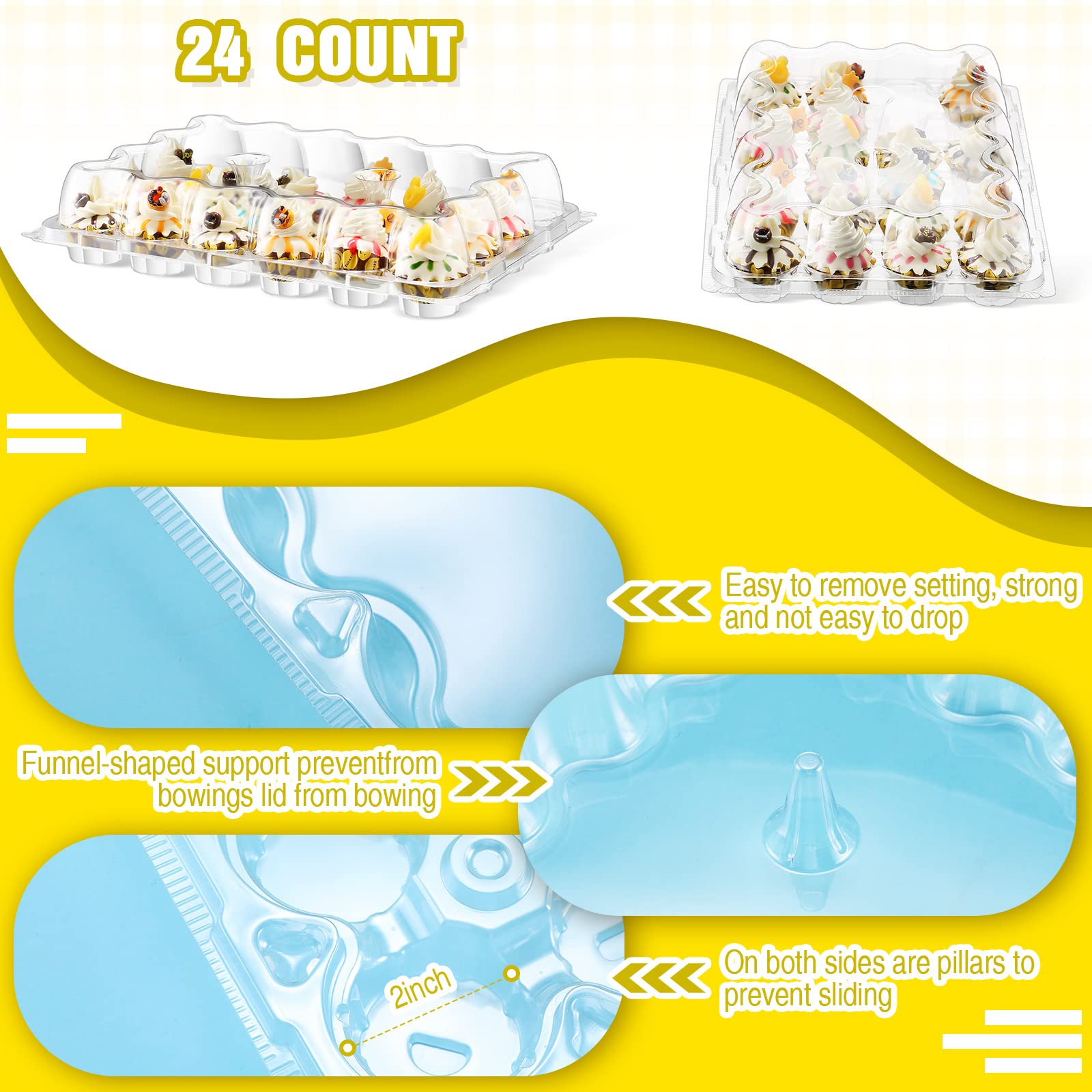 24 Pack Mini Cupcake Containers, 24 Count, Disposable Plastic Small Cupcake Boxes Bulk, High Dome Lid Cupcake Holder Cupcake Carriers for Transporting Small Cupcakes with Tall Icing