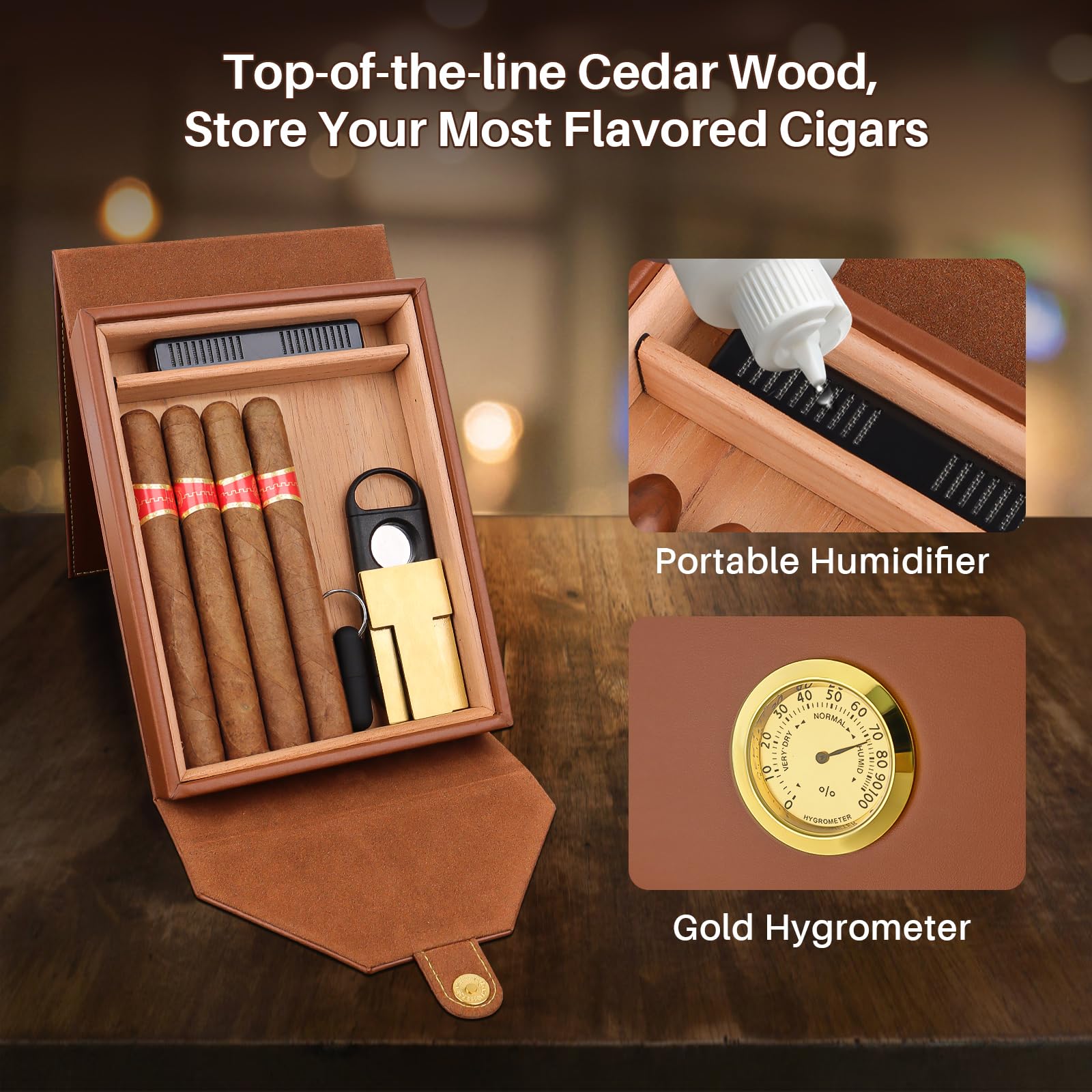 Premium Leather Cigar Humidor Set - Cedar Wood Liner, with Gold Cigar Holder, Embedded Gold Hygrometer, V Cigar Cutter & Punch, Humidifier, Precious Travel Cigar Case for Birthday Gift, Festival