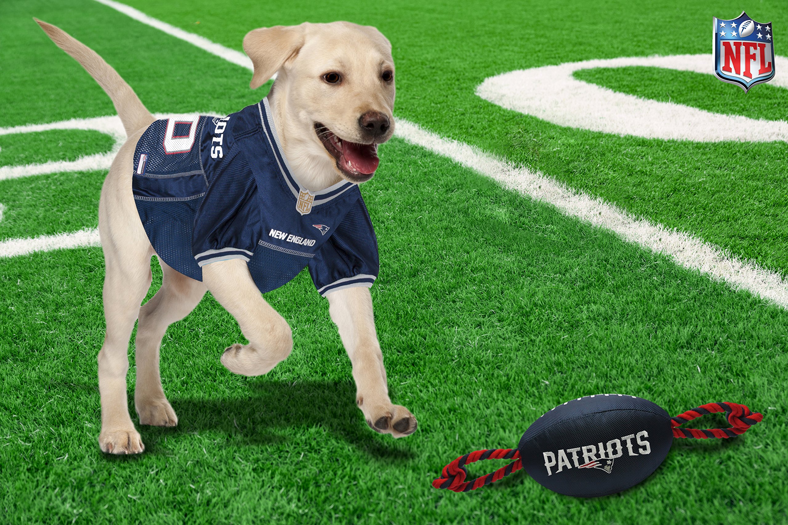 Pets First NFL New England Patriots Football Dog Toy, Tough Quality Nylon Materials, Strong Pull Ropes, Inner Squeaker, NFL Team Color