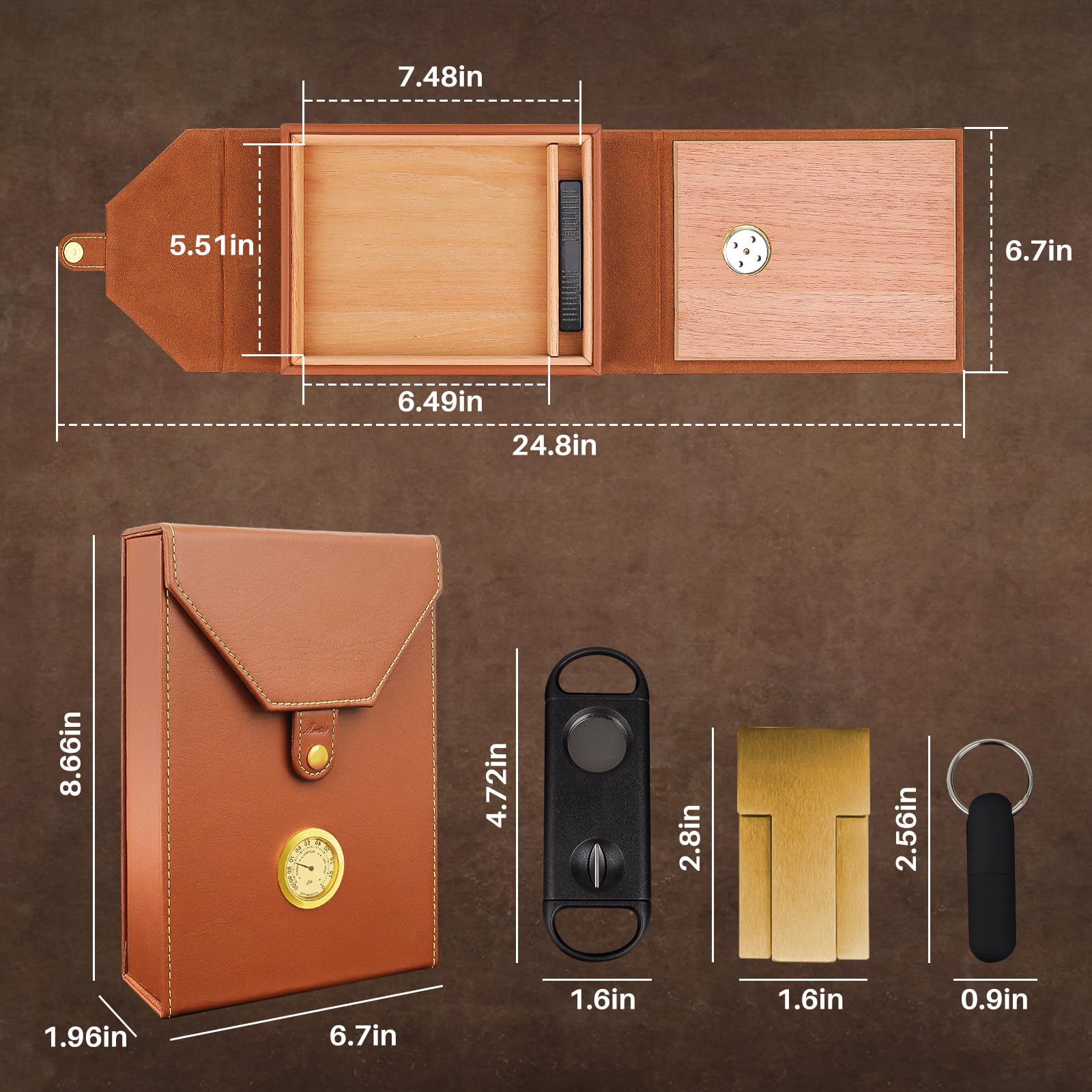 Premium Leather Cigar Humidor Set - Cedar Wood Liner, with Gold Cigar Holder, Embedded Gold Hygrometer, V Cigar Cutter & Punch, Humidifier, Precious Travel Cigar Case for Birthday Gift, Festival