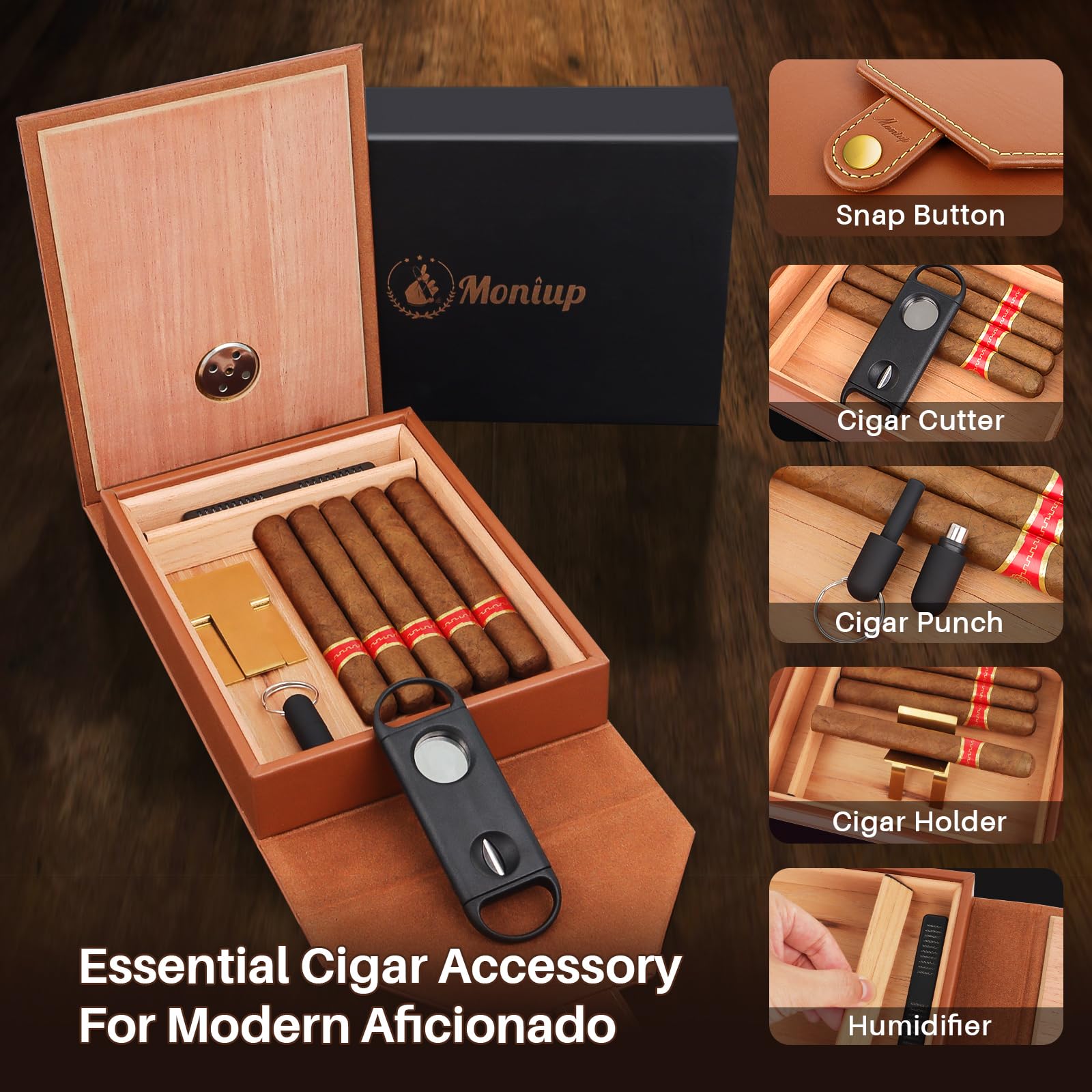 Premium Leather Cigar Humidor Set - Cedar Wood Liner, with Gold Cigar Holder, Embedded Gold Hygrometer, V Cigar Cutter & Punch, Humidifier, Precious Travel Cigar Case for Birthday Gift, Festival