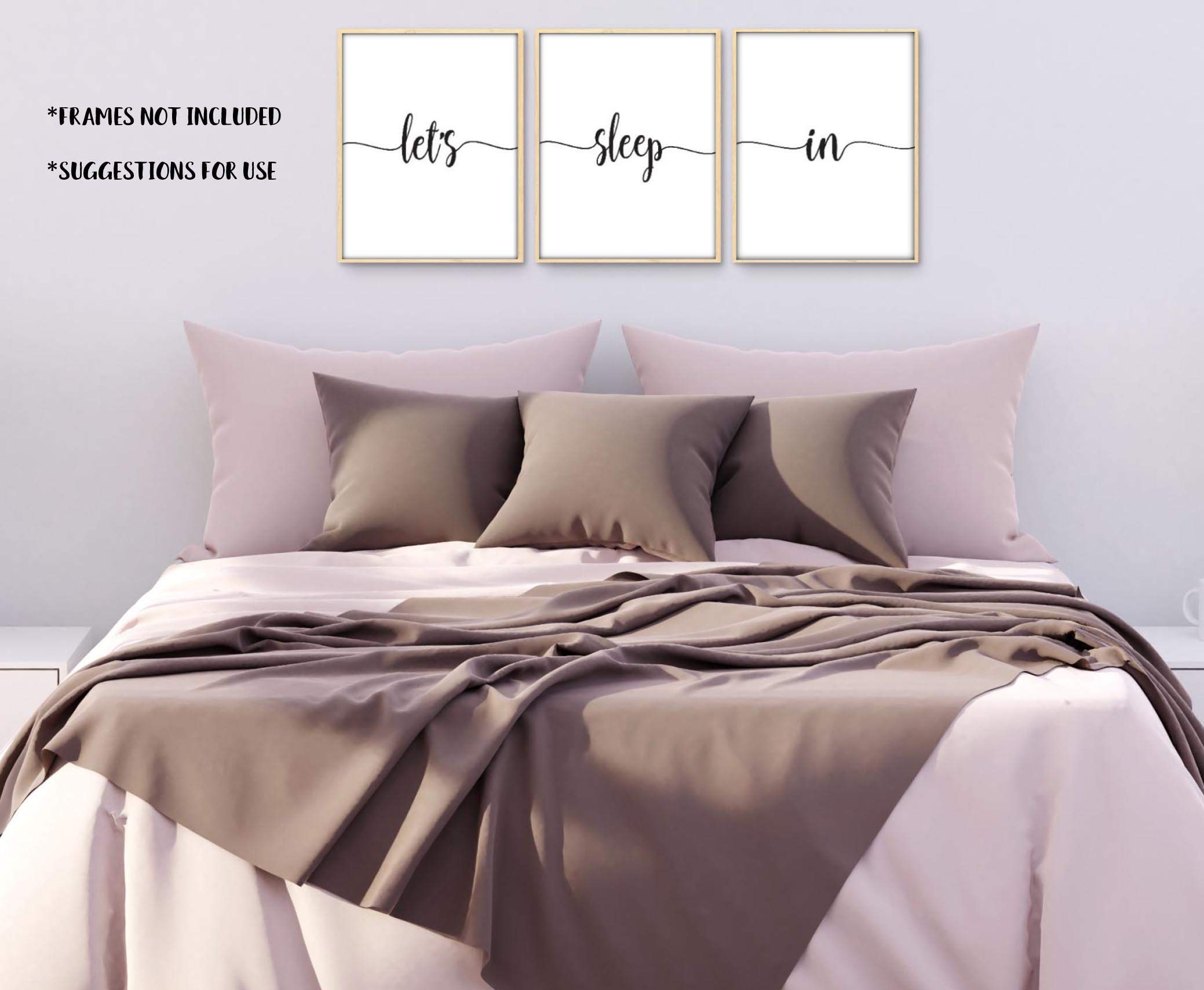 Let's Sleep In Art Prints - Bedroom Wall Decor - 11x14 - Set of 3 – Above Bed Wall Decor - Black and White Minimalist Bedroom Wall Art - Unframed