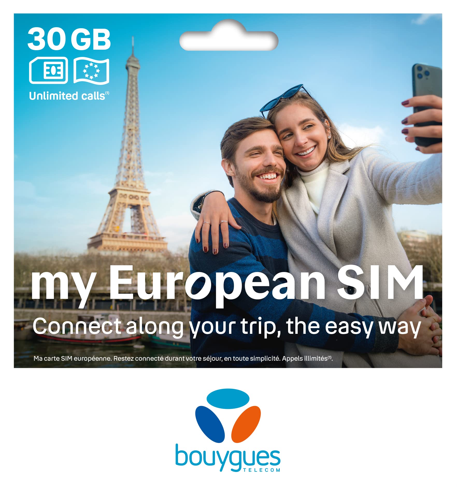 Bouygues - Travel Prepaid Sim Card France + Europe - 30 GB Data + Unlimited Calls & SMS - Works In France, Germany, UK, Italy, Spain, Portugal And Other European Countries, For Iphone & Android