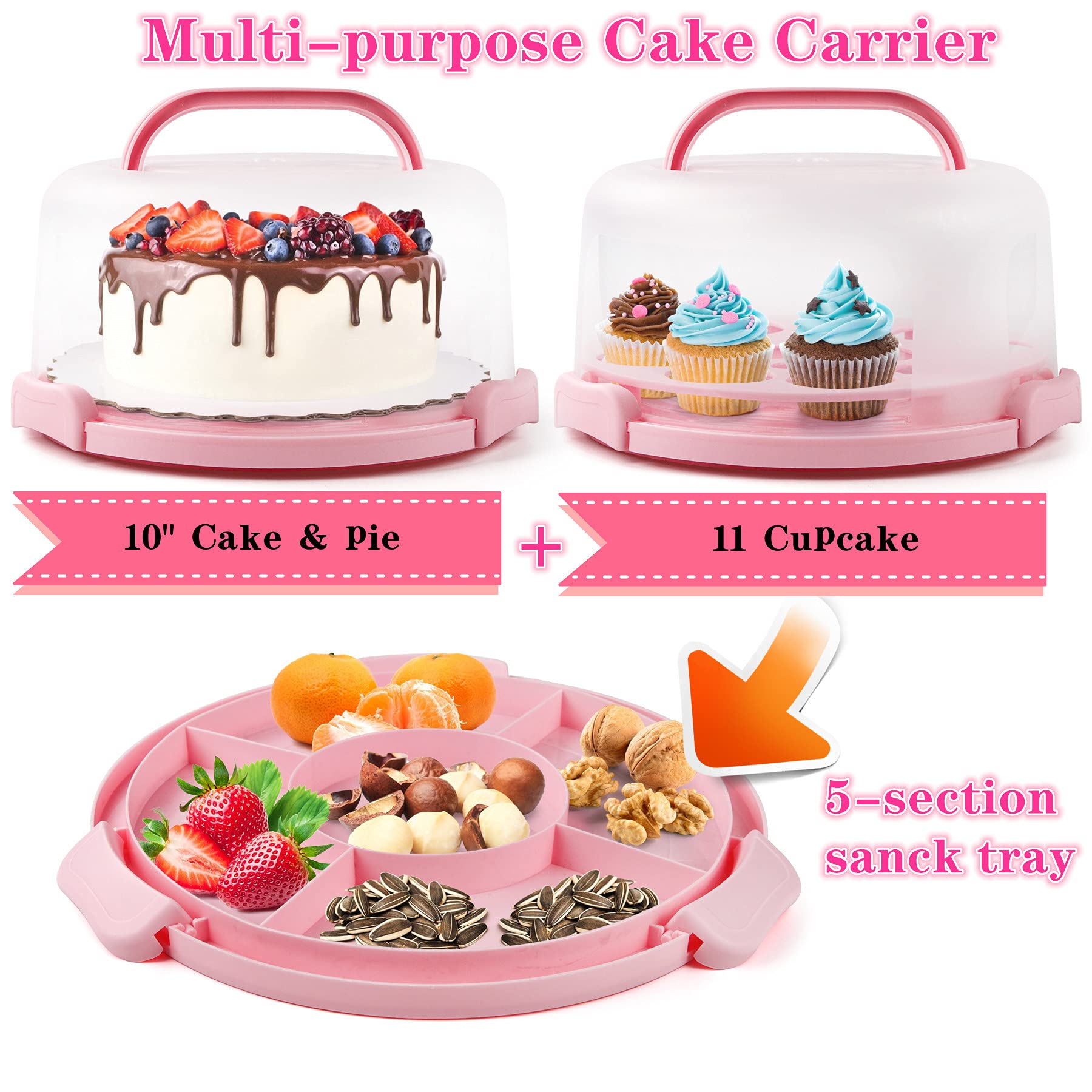 HOYA PONYOO Portable Cake Carrier with Handle, Round Cupcake Holder with Lid, Plastic Storage Container Box fit 10 inch Cake, 3-Locking Muffin and Pies Keeper with Cover (Pink)