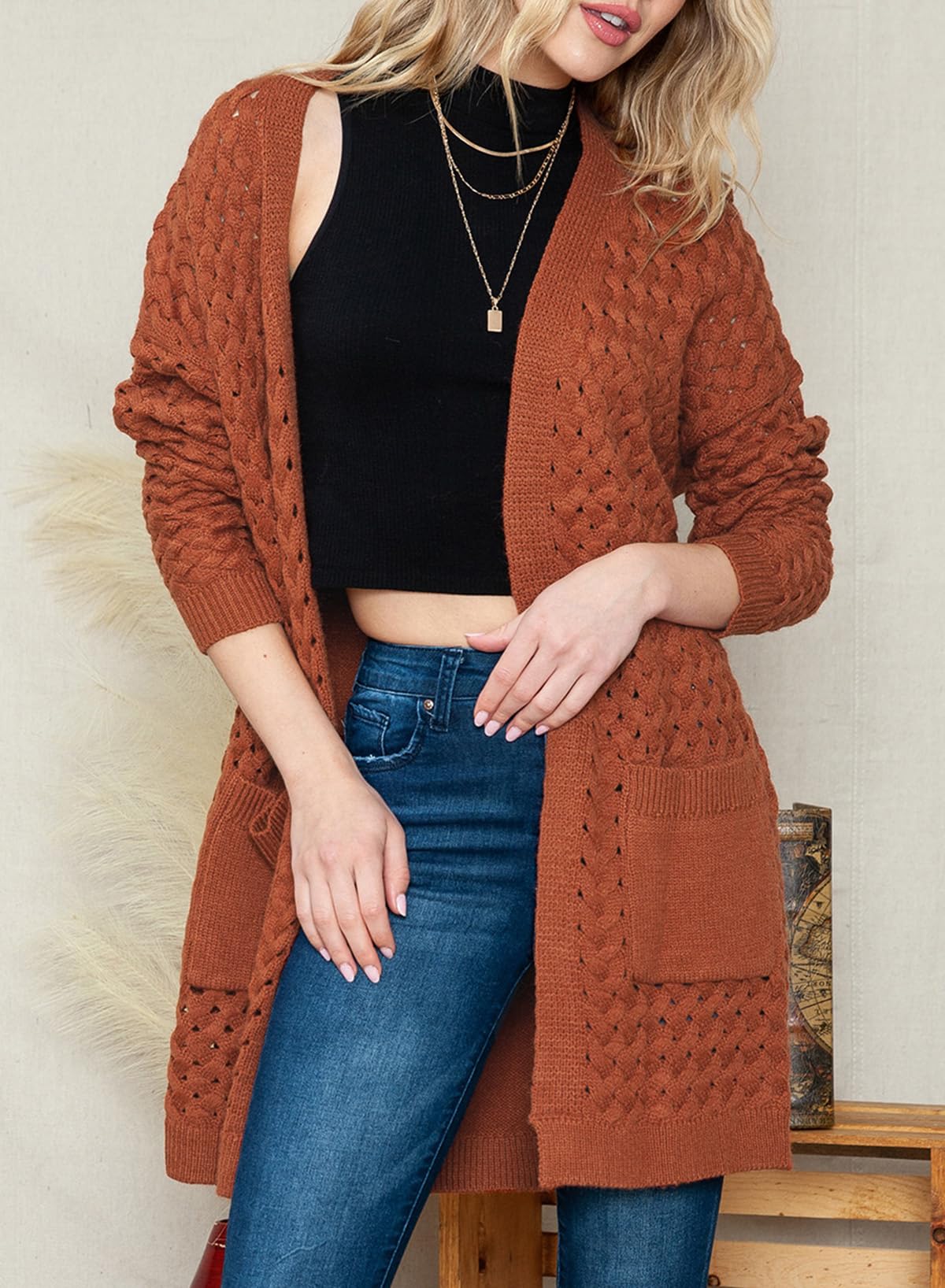 Dokotoo Oversized Cable Knit Cardigan Sweater for Women - Brown, Medium