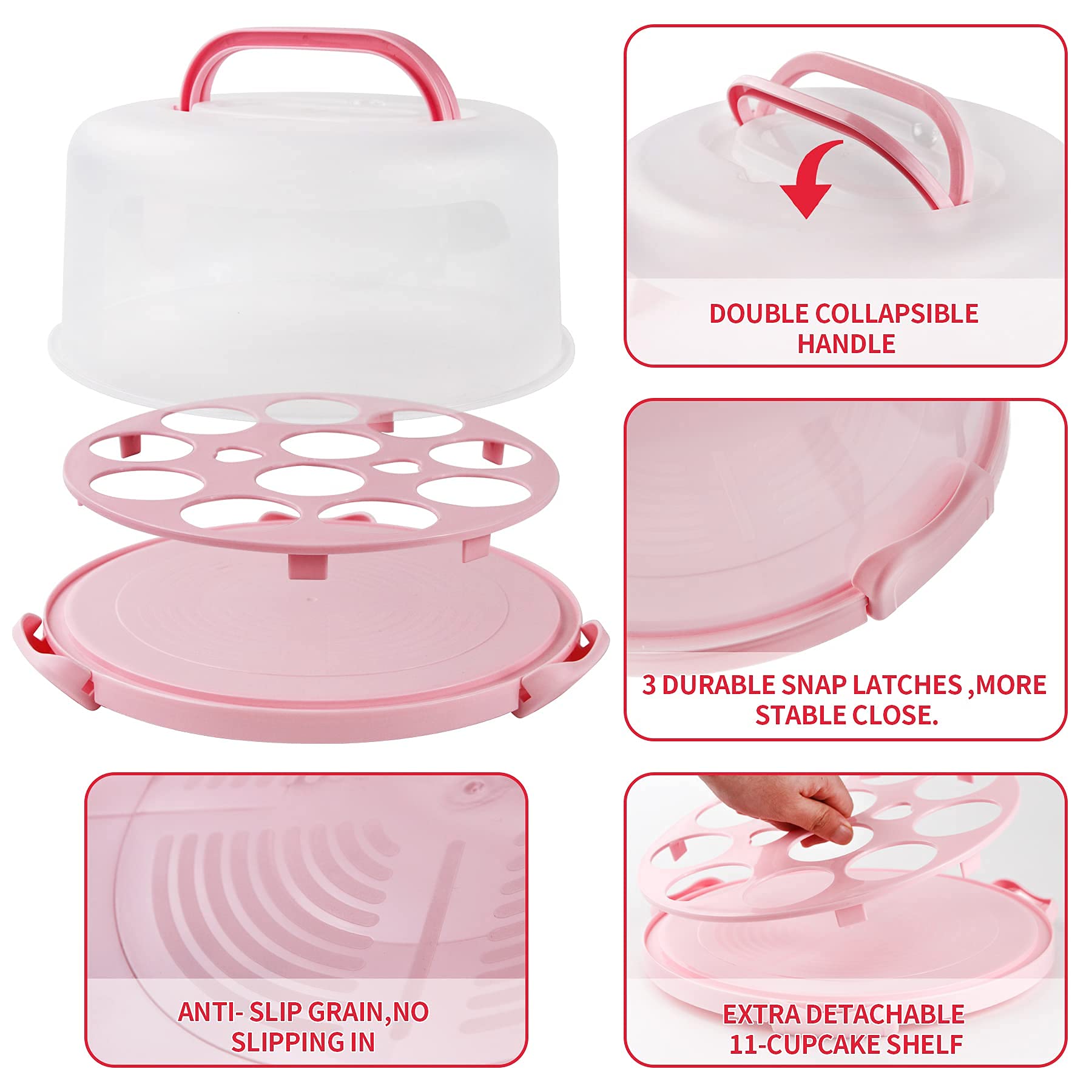 HOYA PONYOO Portable Cake Carrier with Handle, Round Cupcake Holder with Lid, Plastic Storage Container Box fit 10 inch Cake, 3-Locking Muffin and Pies Keeper with Cover (Pink)
