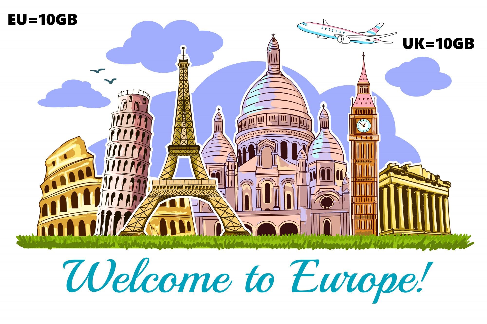 New PrePaid Europe (UK Three) SIM Card 10GB Data Unlimited Minutes/Texts for 30 Days with Free Roaming/USE in 71 Destinations Including Europe, South America and Australia (30GB)