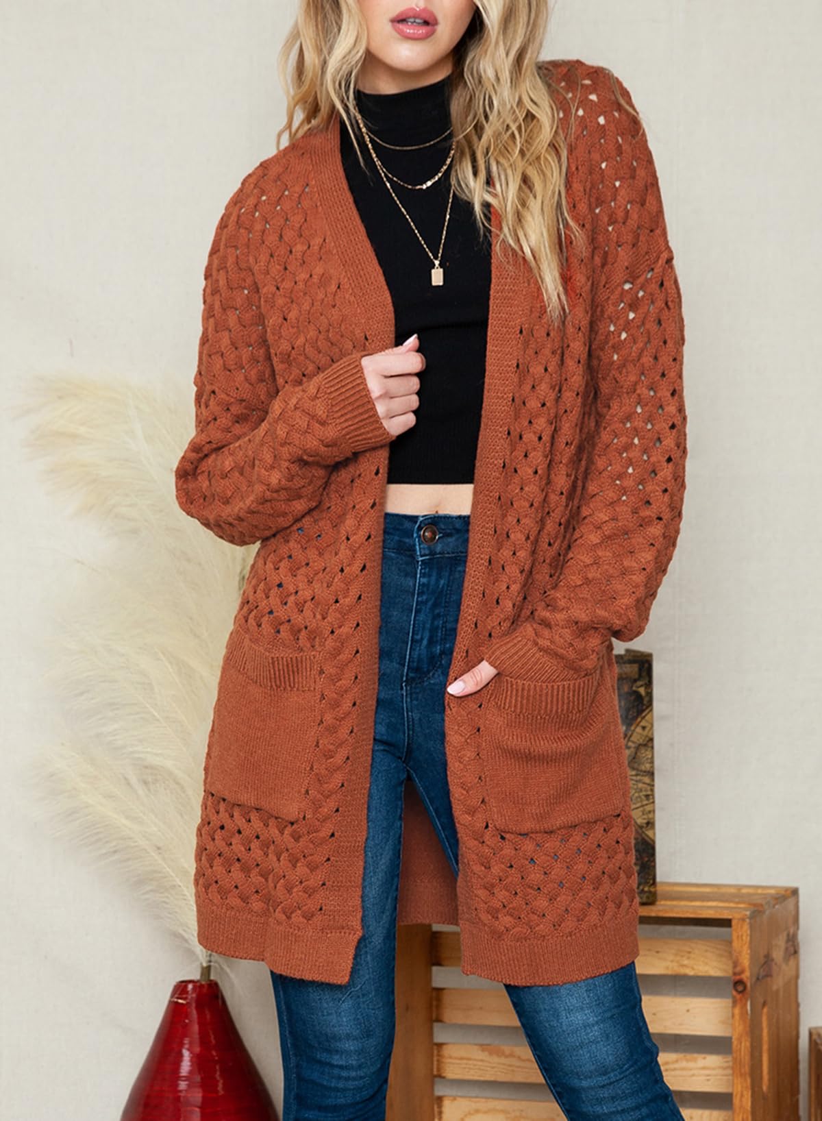 Dokotoo Oversized Cable Knit Cardigan Sweater for Women - Brown, Medium