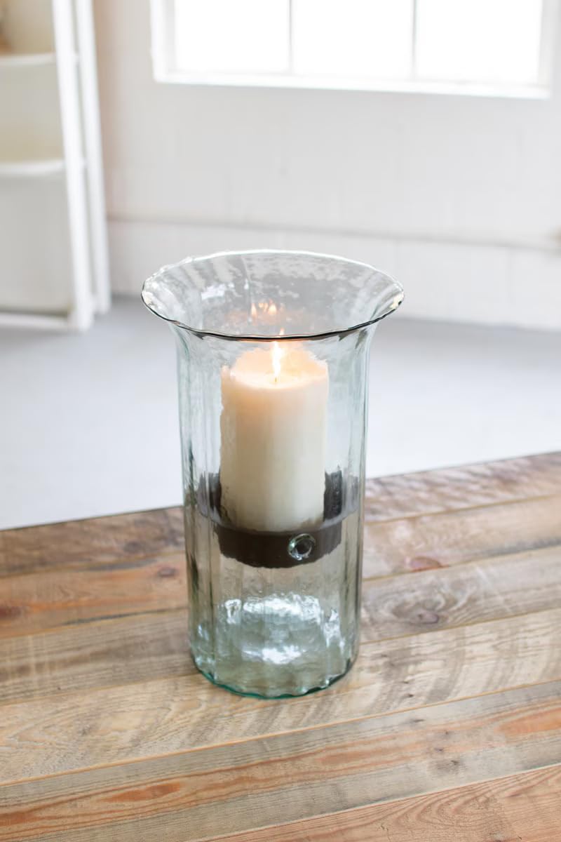 Kalalou Ribbed Glass Candle Cylinder with Rustic Insert 7" x 15"H