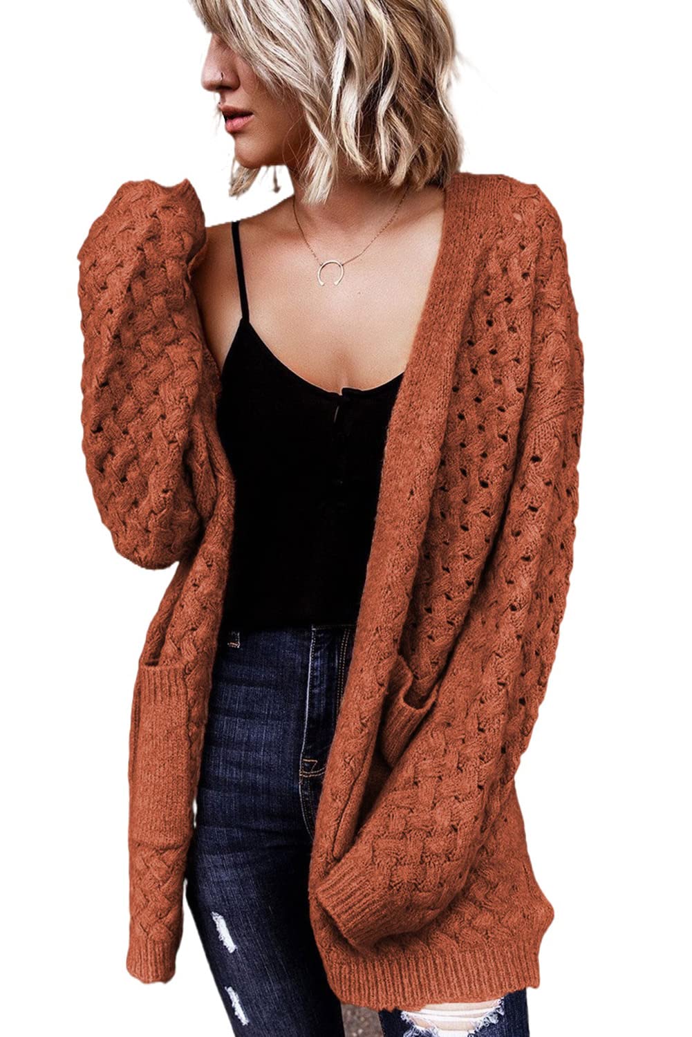 Dokotoo Oversized Cable Knit Cardigan Sweater for Women - Brown, Medium