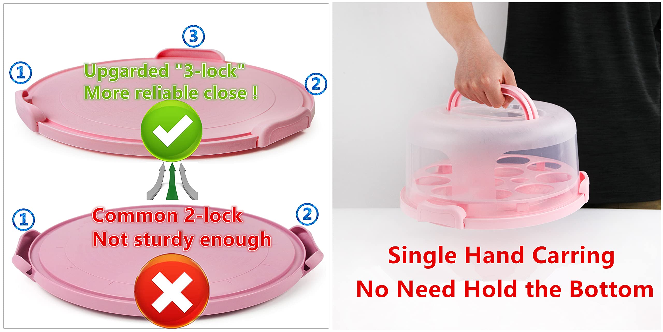 HOYA PONYOO Portable Cake Carrier with Handle, Round Cupcake Holder with Lid, Plastic Storage Container Box fit 10 inch Cake, 3-Locking Muffin and Pies Keeper with Cover (Pink)