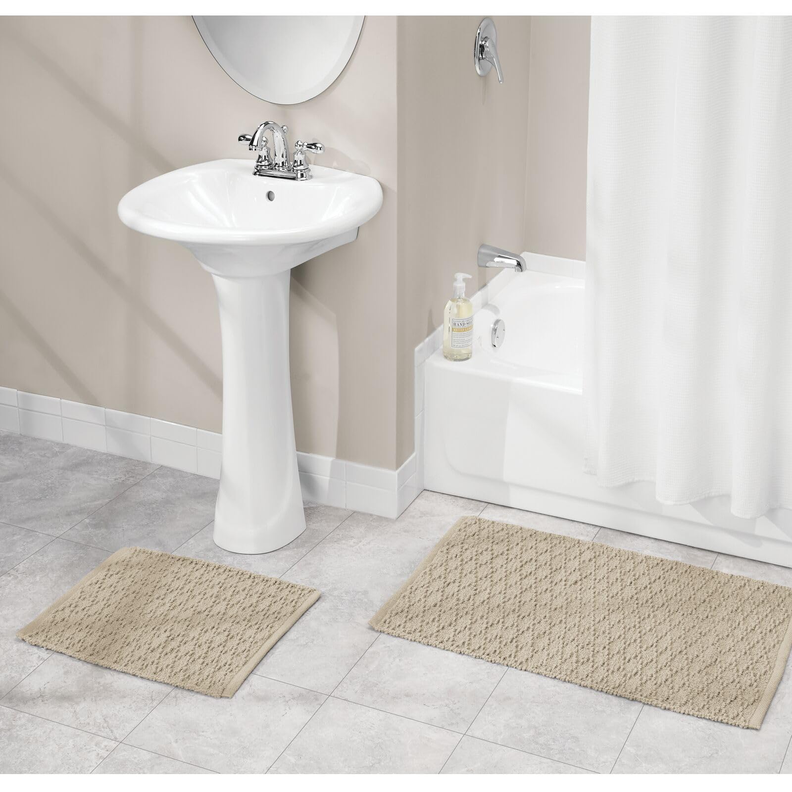 mDesign Soft 100% Cotton Luxury Rectangular Spa Mat Rugs, Water Absorbent, Diamond Design - for Bathroom Vanity, Tub/Shower, Machine Washable - Runner, Standard & Small Rug - Set of 3 - Linen/Tan